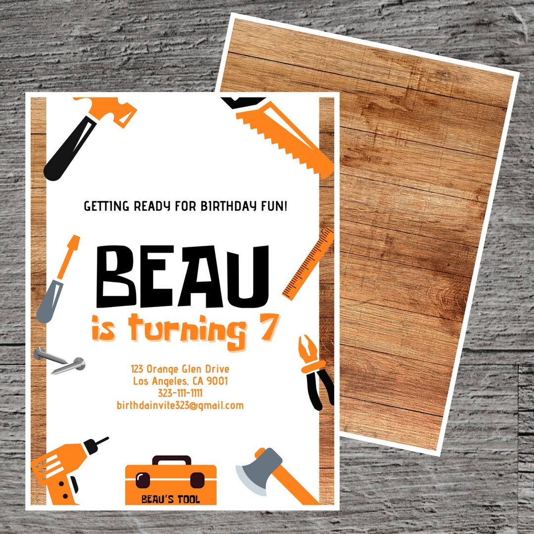 Woodworking Theme Birthday Party Invitation, Chisel Saw Mallet ...