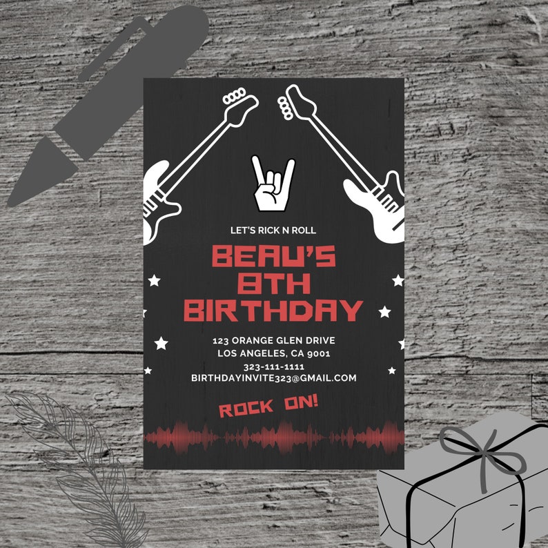Rock N Roll Theme Party Invitation, Guitar Drum Bass Amplifier Vocals ...