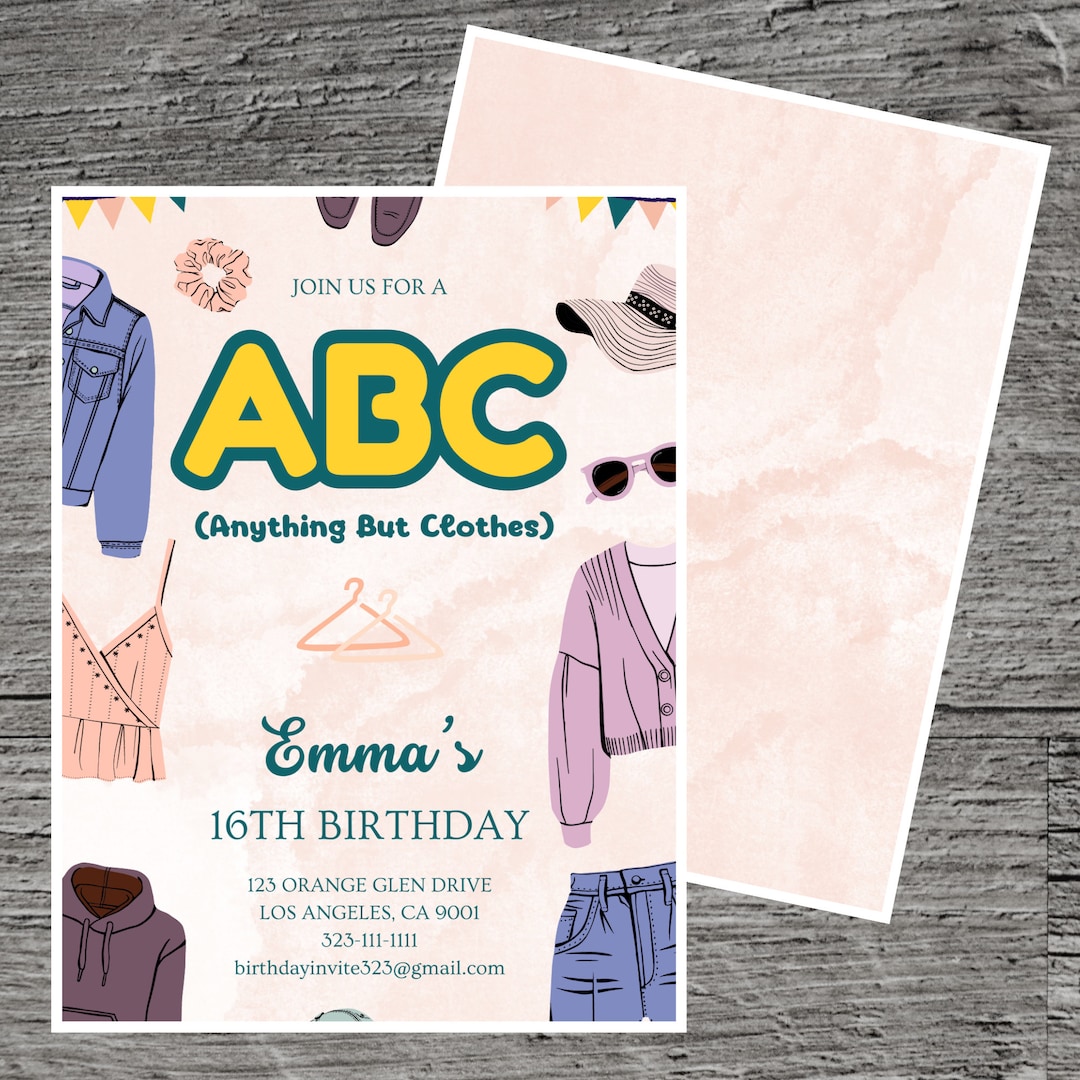 ABC (anything but Clothes) for Emma Theme Birthday Party Invitation ...