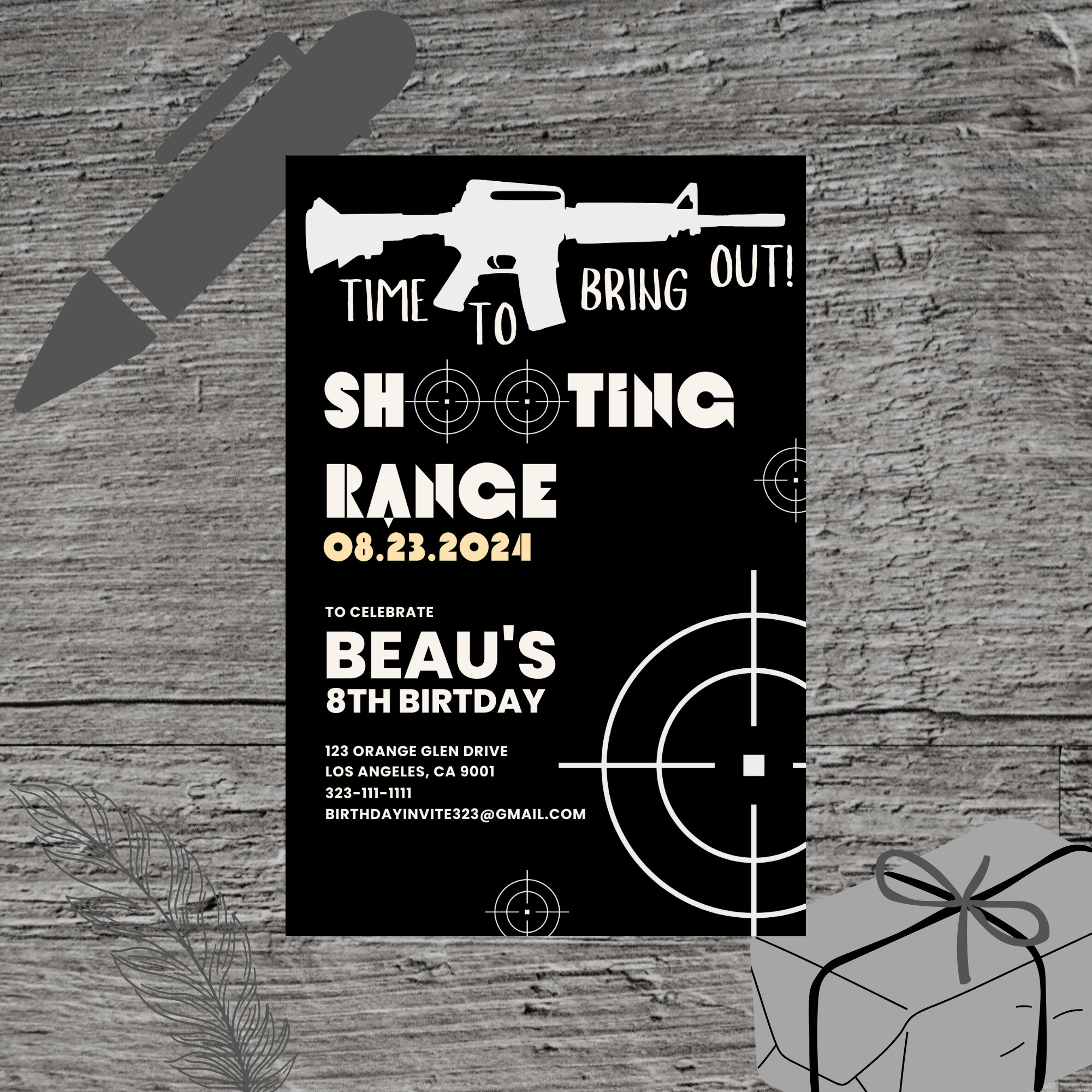 Shooting Range Theme Birthday Party Invitation Template, Archery Rifle Distance Firing Range ...