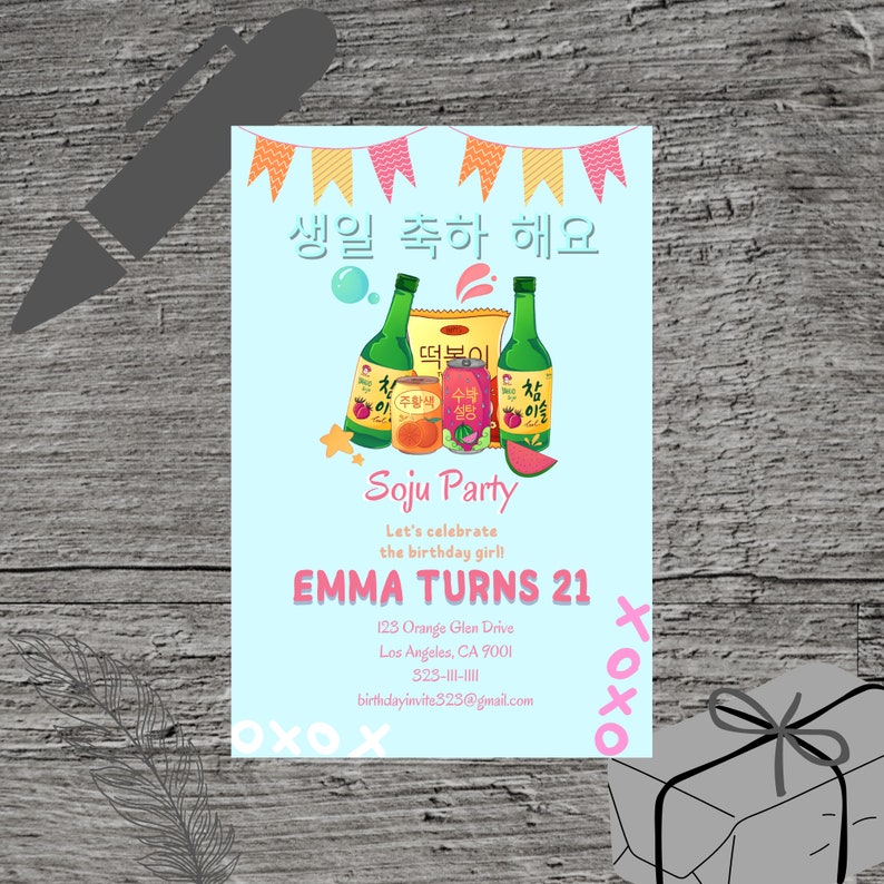 Soju Drink Birthday Party Invitation, Menu Asian Dinner Korean Food ...