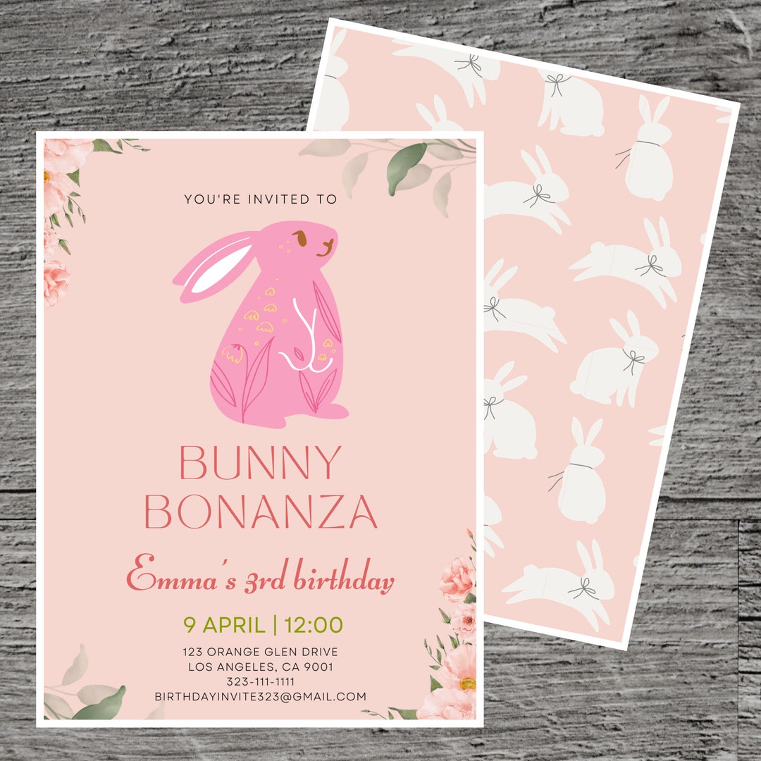Bunny Bonanza for Emma Theme Birthday Party Invitation Template, Hare ...