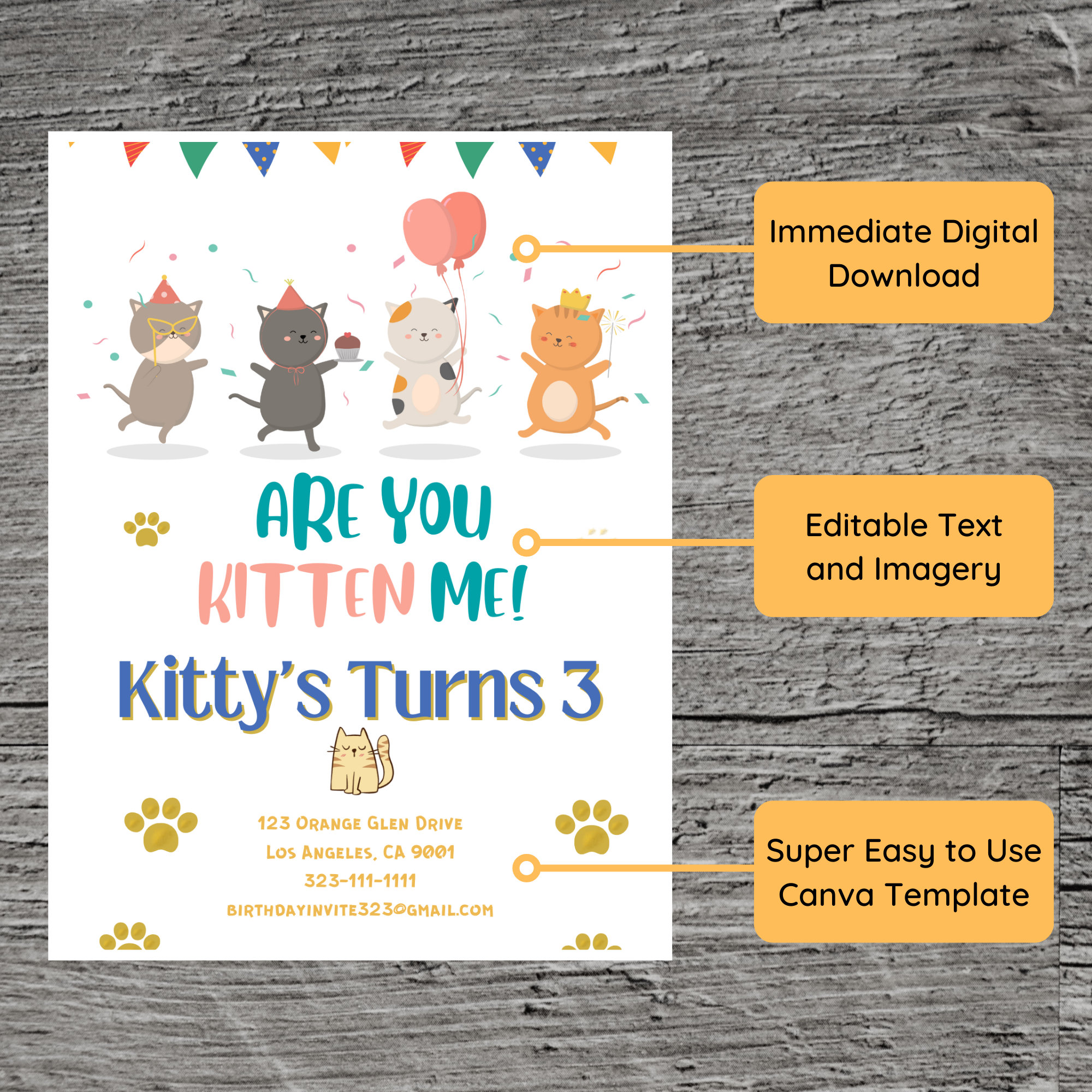 Kitty Theme Birthday Party Invitation, Cat Pet Meow, Are You Kitten Me ...