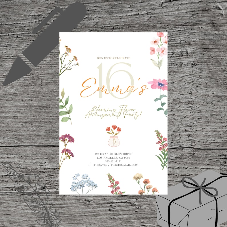Flower Arrangements Theme Birthday Party Invitation Template, Bouquet ...