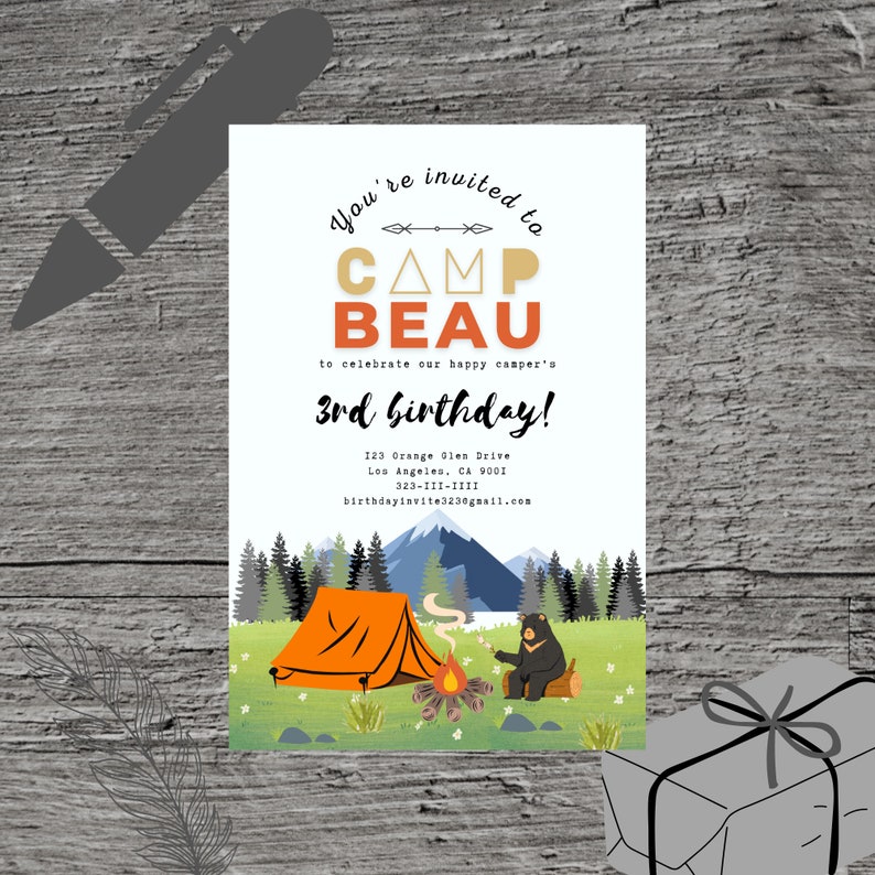 Camping Theme Birthday Party Invitation, Outdoor Camp Fire Travel ...