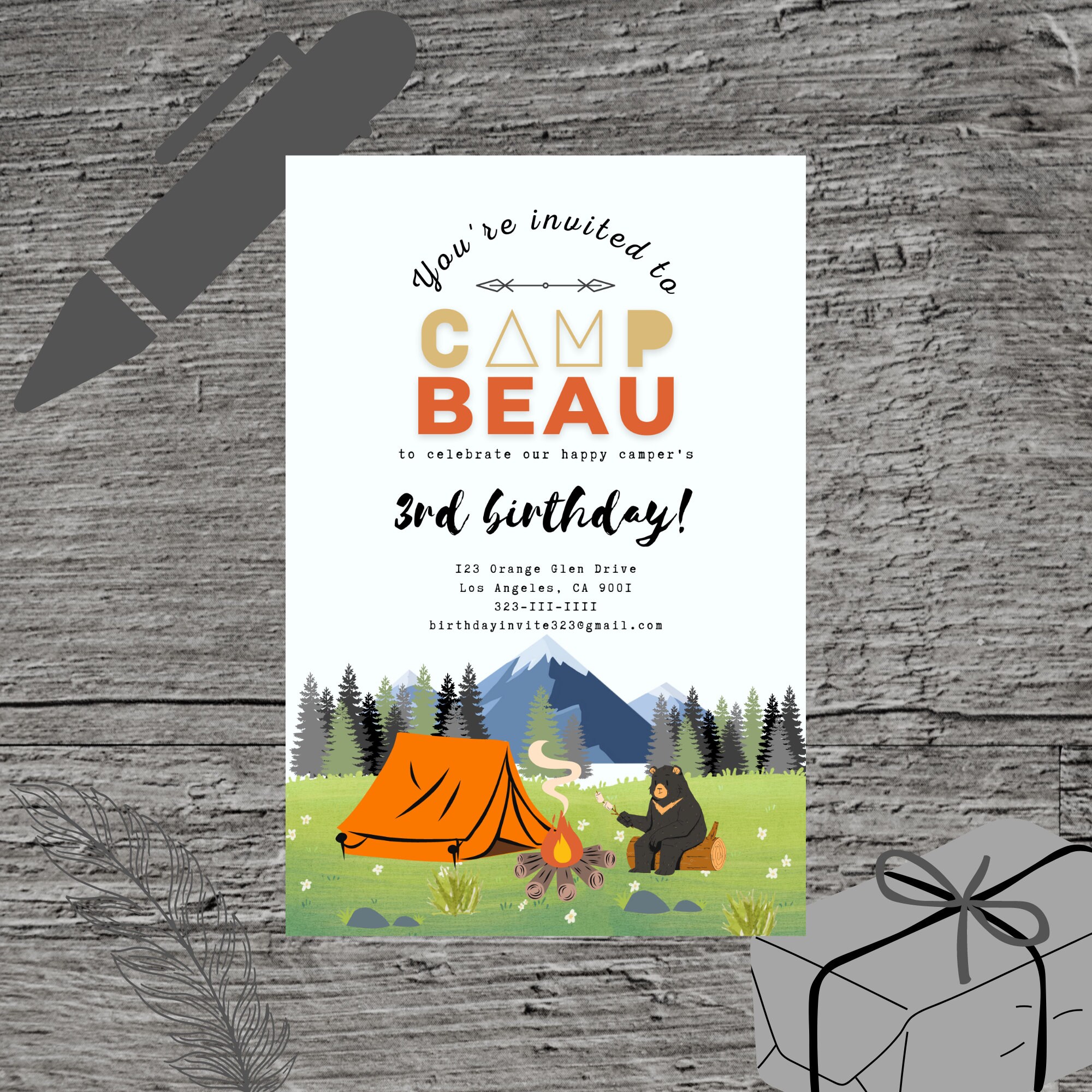 Camping Theme Birthday Party Invitation, Outdoor Camp Fire Travel ...