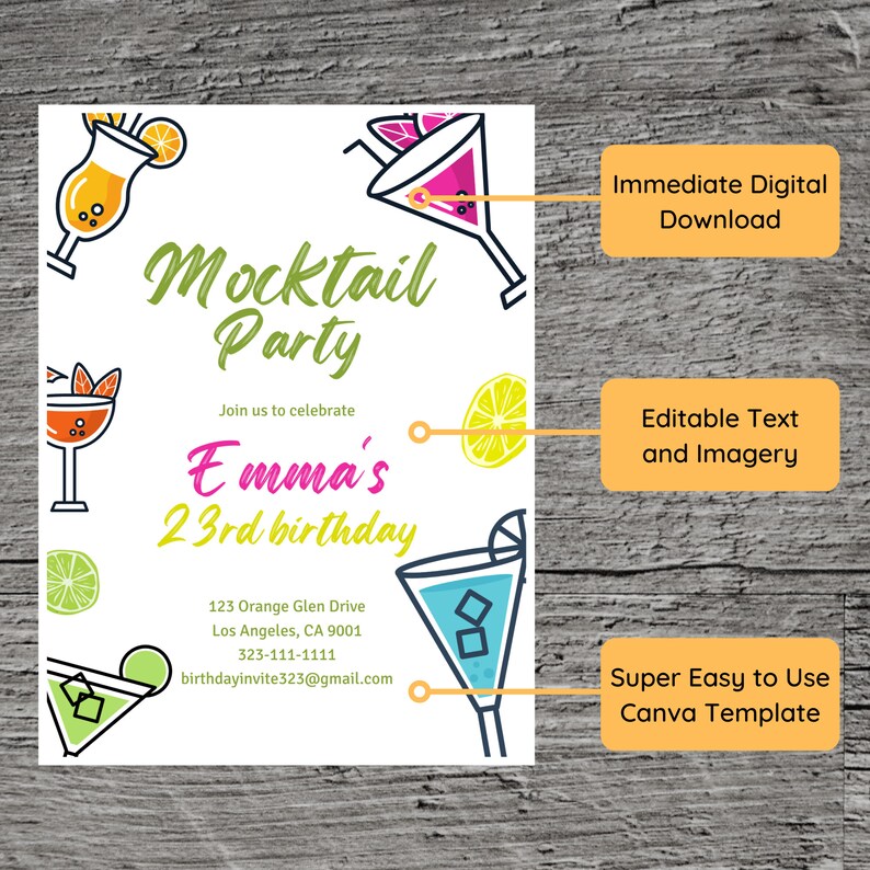 Mocktail Theme Birthday Party Invitation, Boozeless Coolers Freetails ...