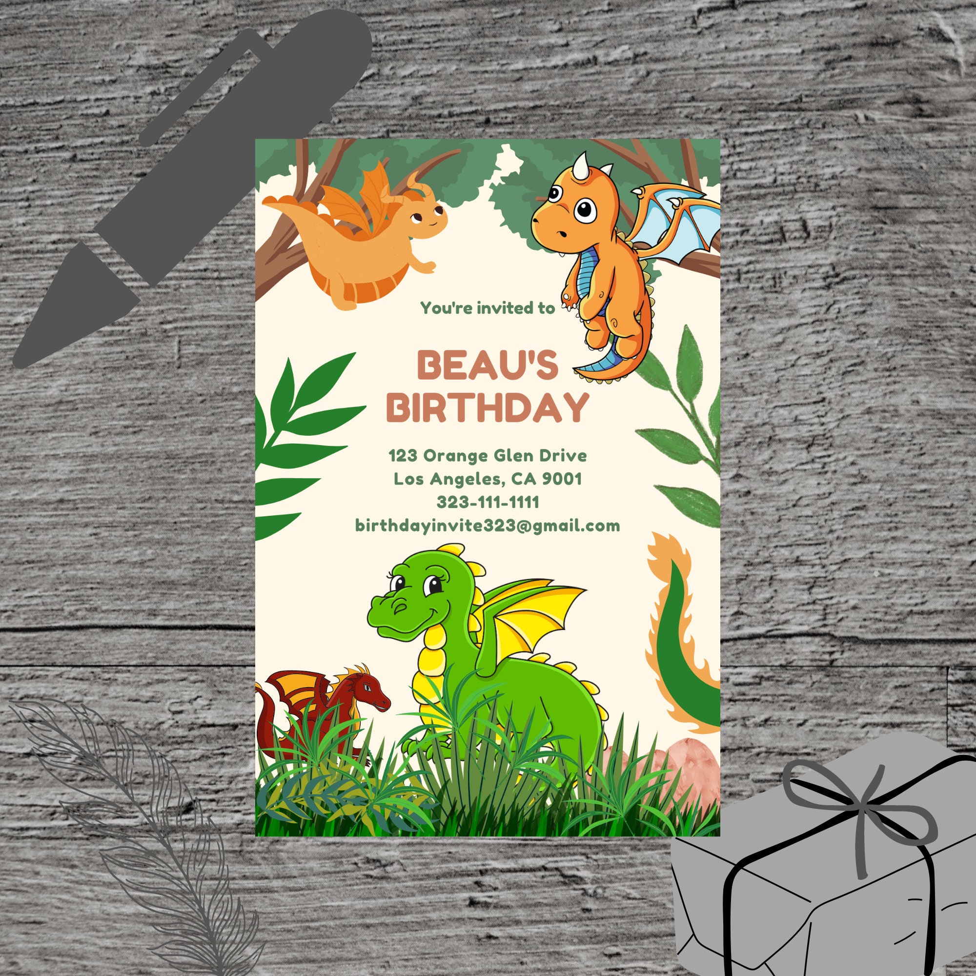 Dragon Theme Birthday Party Invitation Template, Draco Lizard Reptile ...