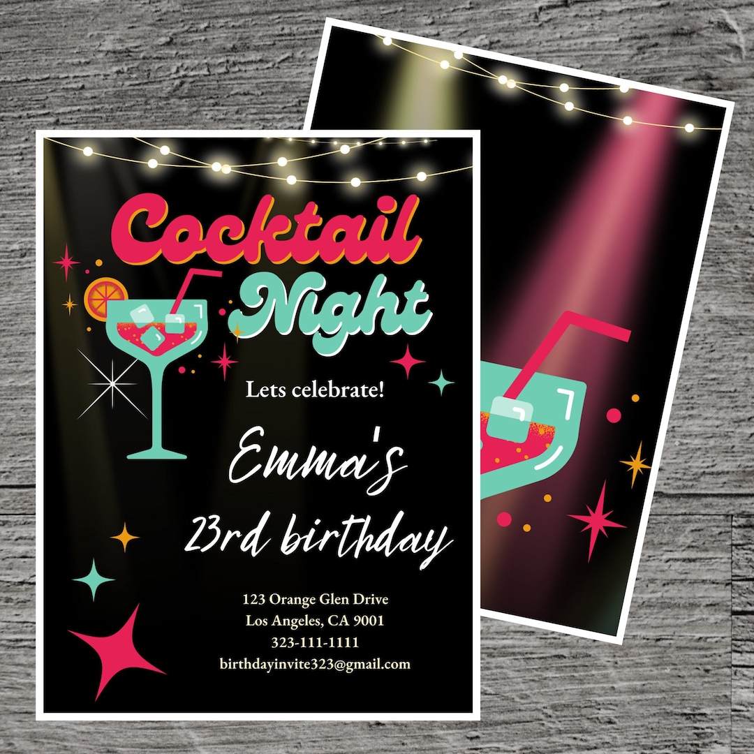 Cocktail Night Theme Birthday Party Invitation, 21st 21 Drink Outing ...