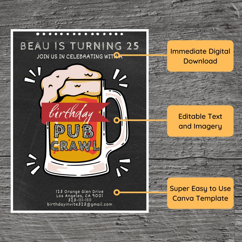 Pub Crawl for Beau Theme Birthday Party Invitation Template, Bar ...