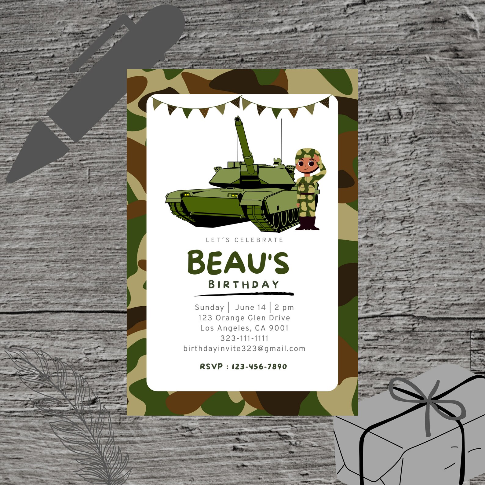 Military Kids Theme Birthday Party Invitation Template, Army Soldiers ...