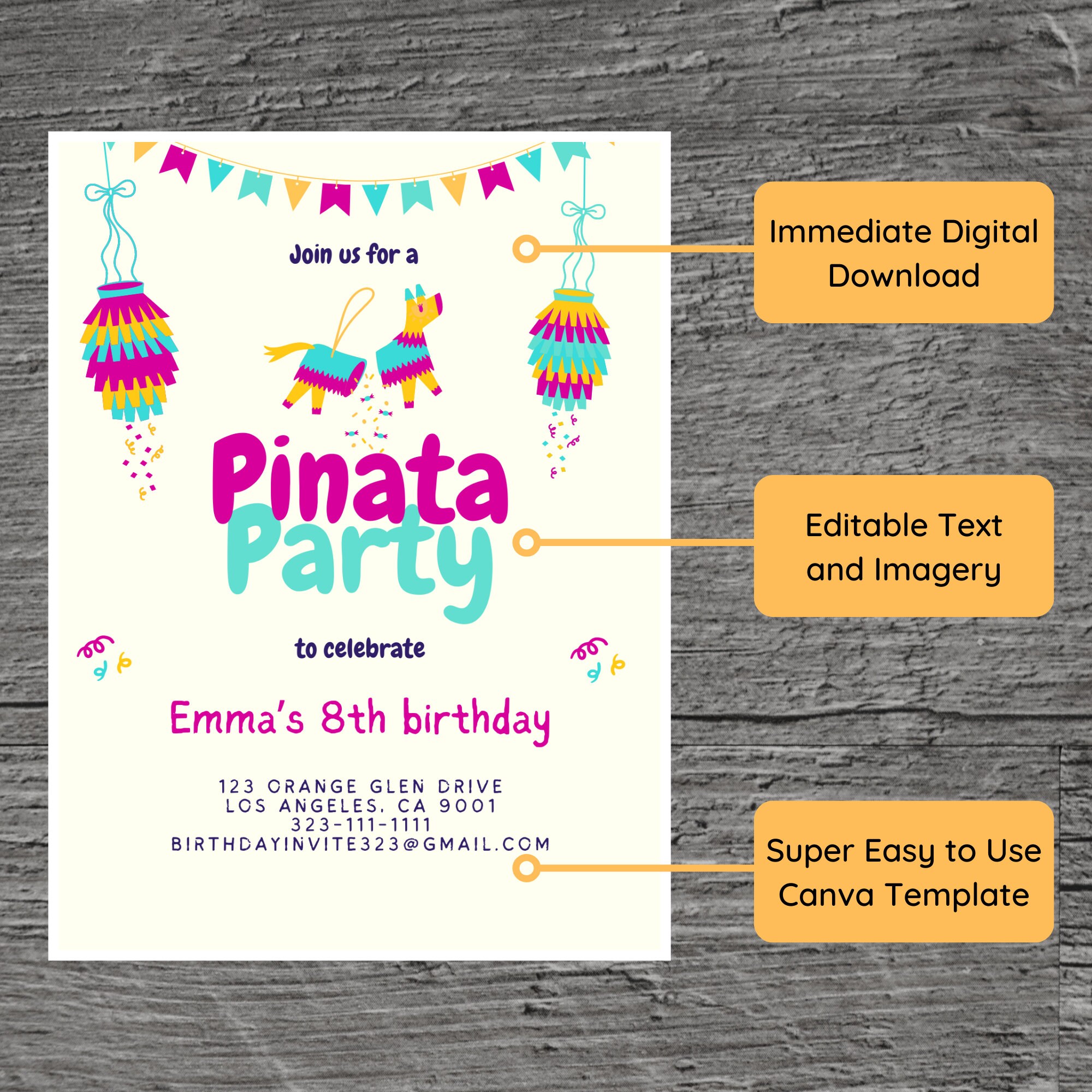 Pinata for Emma Theme Birthday Party Invitation Template, Hit and ...
