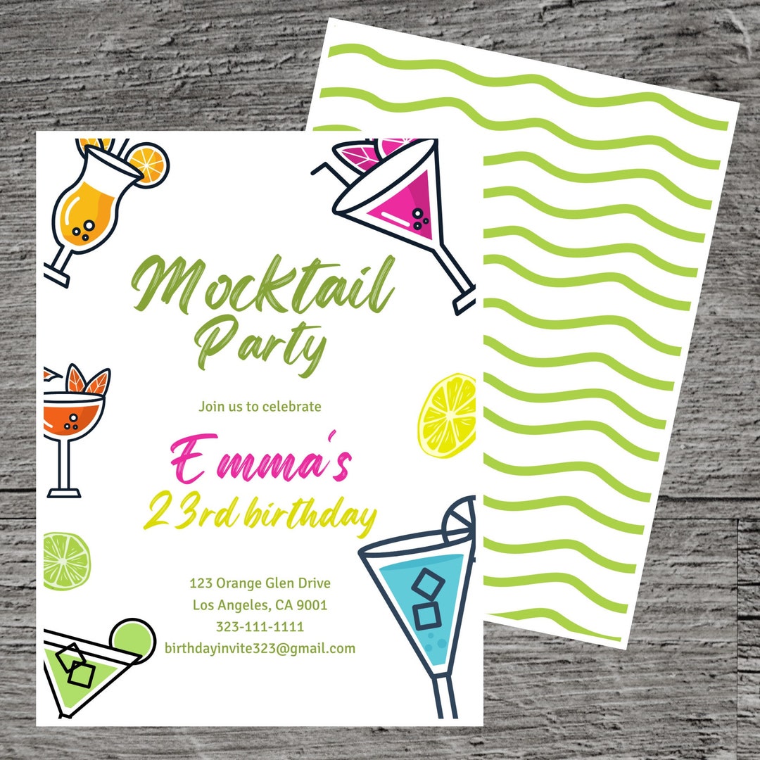 Mocktail Theme Birthday Party Invitation, Boozeless Coolers Freetails ...