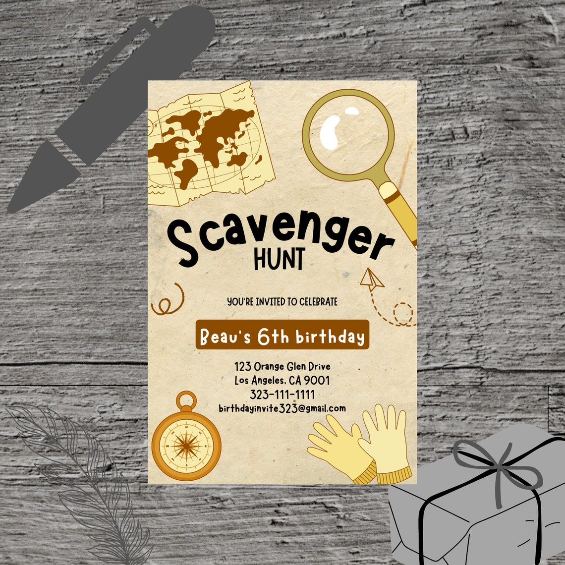 Scavenger Hunt Theme Birthday Party Invitation, Hunting Treasure Hunt ...