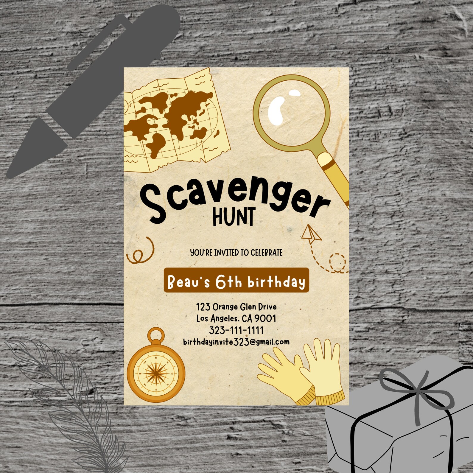Scavenger Hunt Theme Birthday Party Invitation, Hunting Treasure Hunt ...