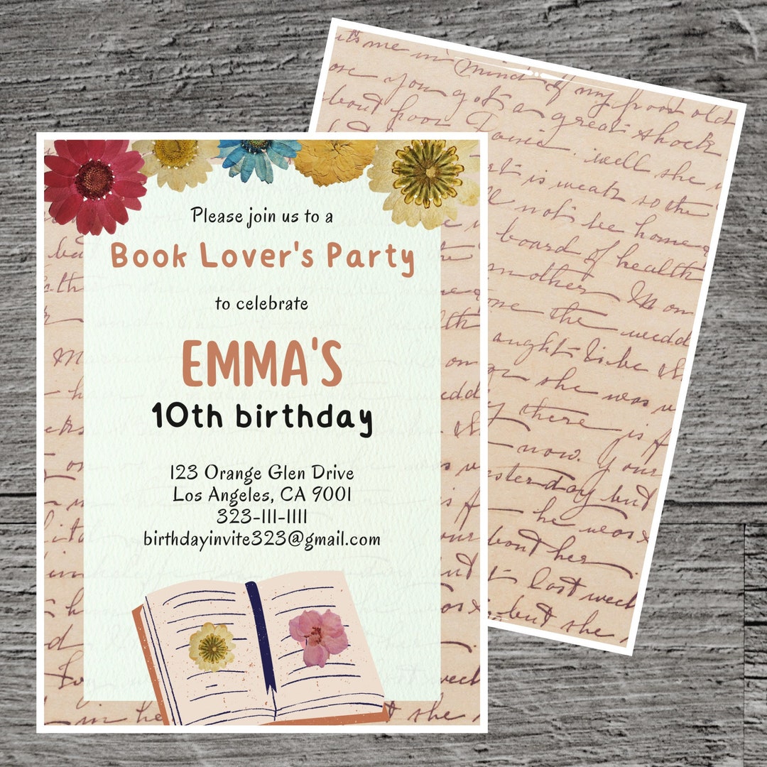 Book Lover Birthday Party Invitation, Story Novels Reading Tale ...