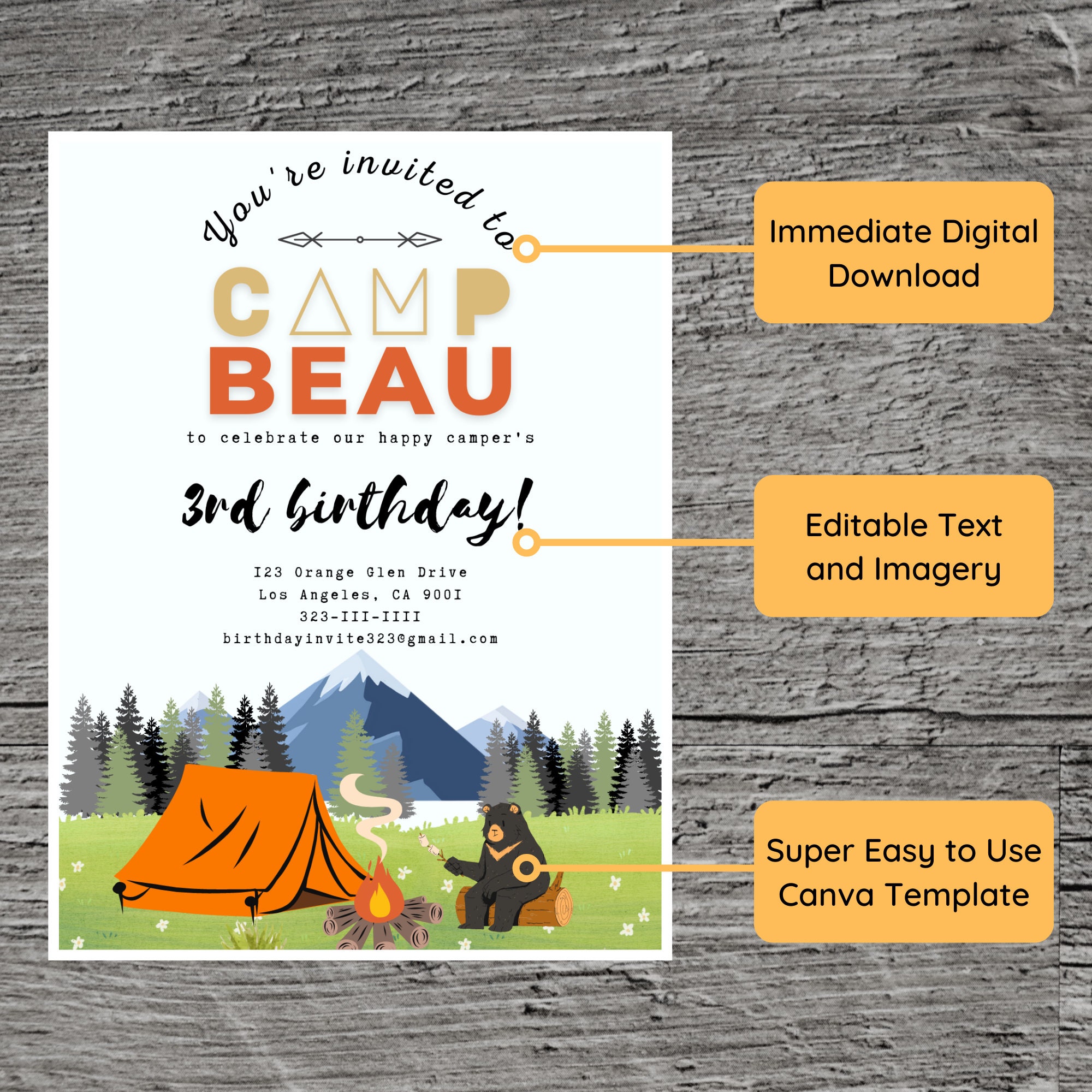Camping Theme Birthday Party Invitation, Outdoor Camp Fire Travel ...