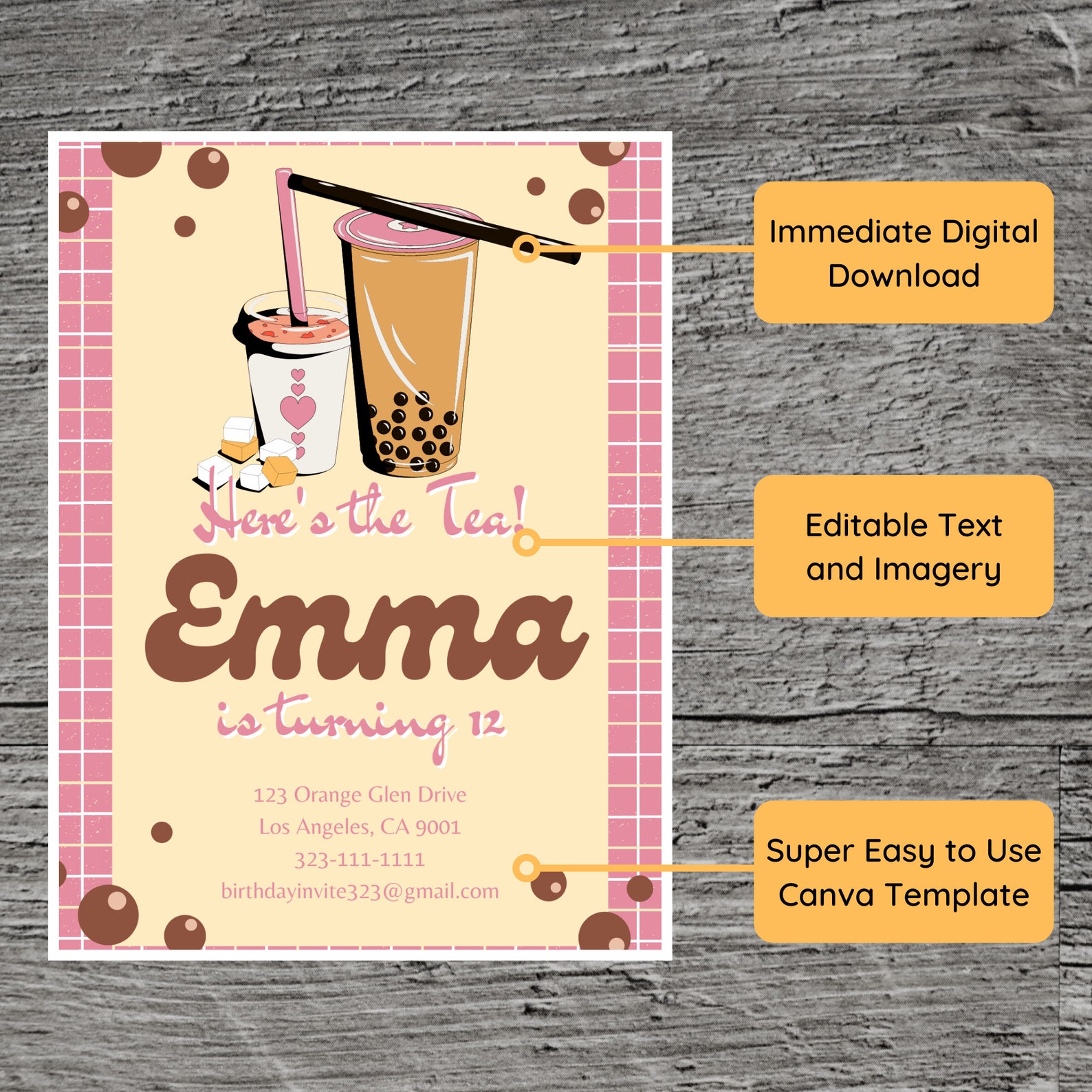 Boba Tea Birthday Party Invitation, Bubble Pop Drink Straw Here's the ...