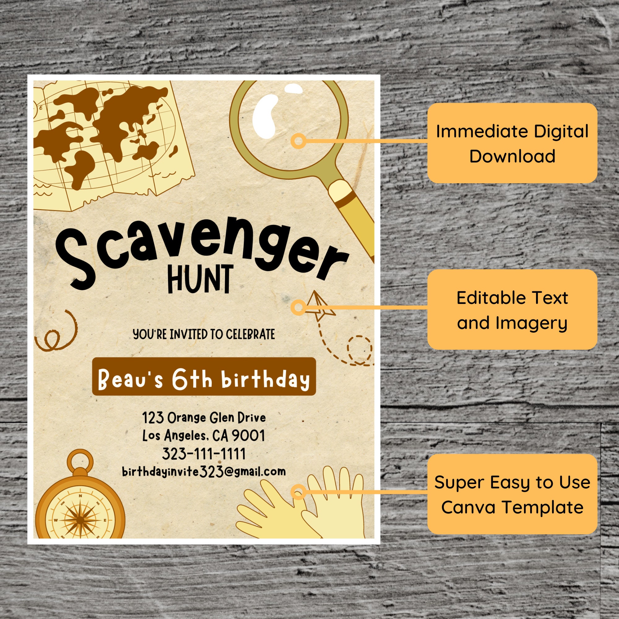 Scavenger Hunt Theme Birthday Party Invitation, Hunting Treasure Hunt ...