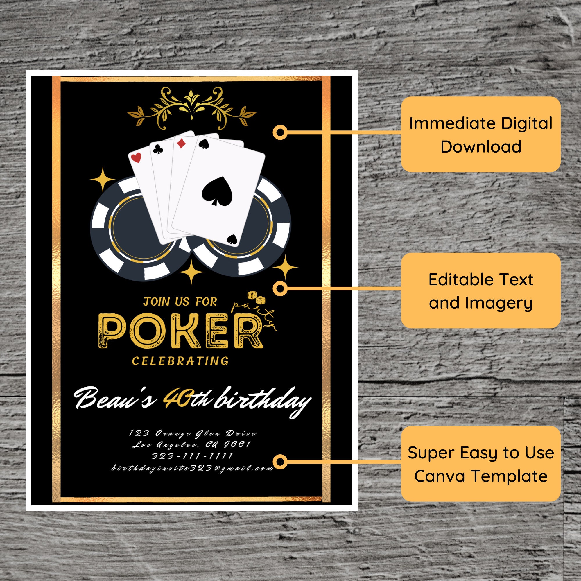 Poker Night Party Invitation, Birthday Casino Home Gathering Gamble ...