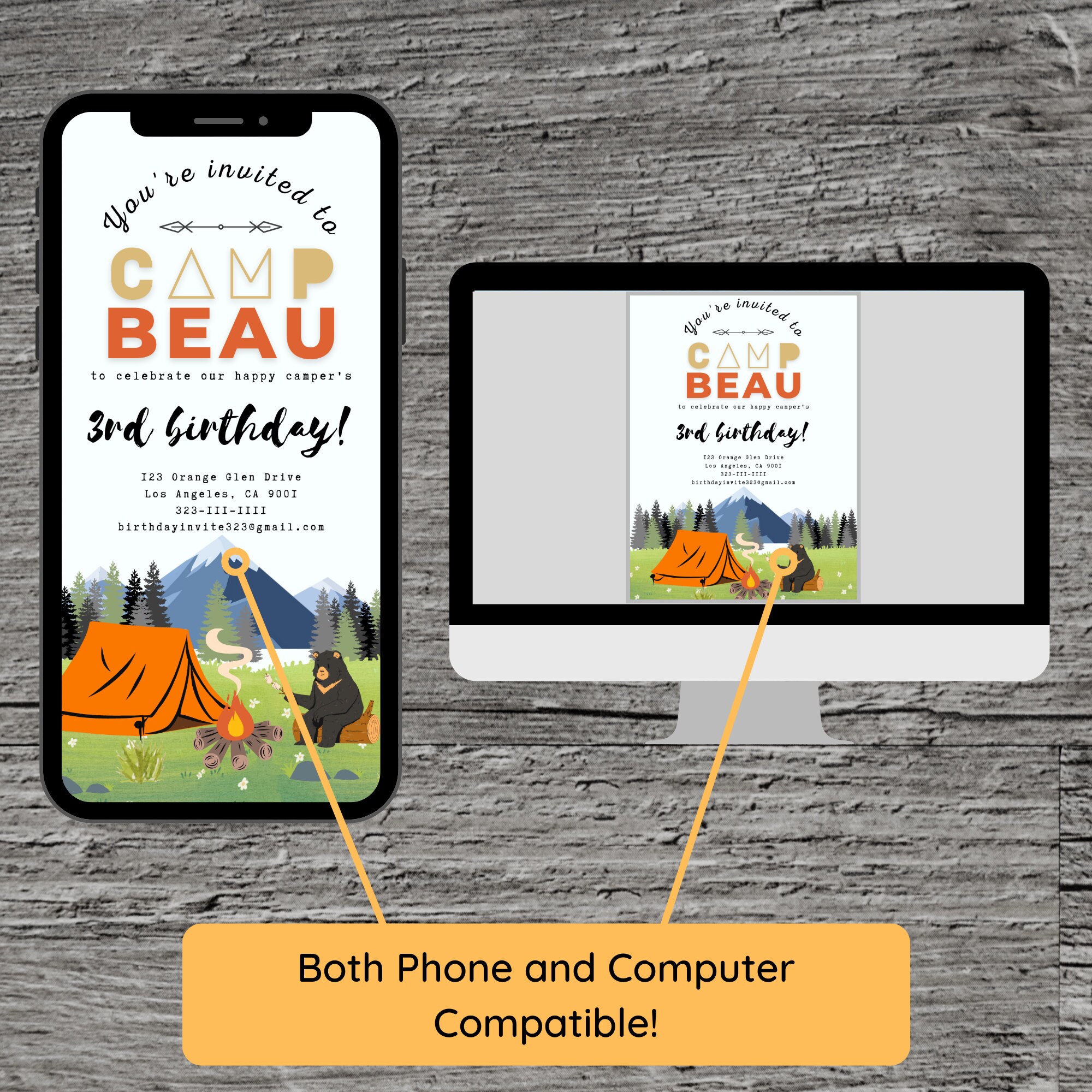 Camping Theme Birthday Party Invitation, Outdoor Camp Fire Travel ...