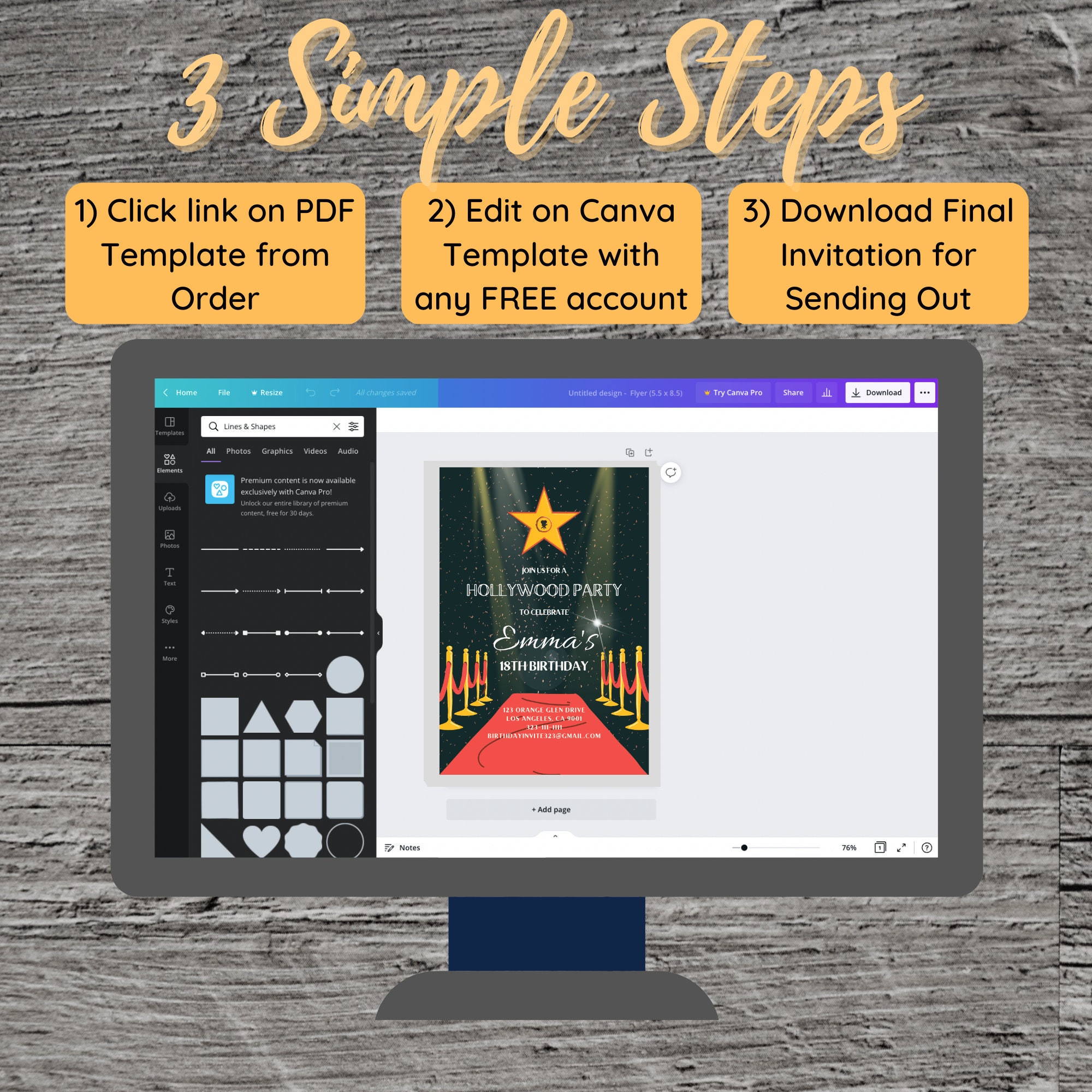 Hollywood Theme Birthday Party Invitation, Superstar Star Celebrity ...