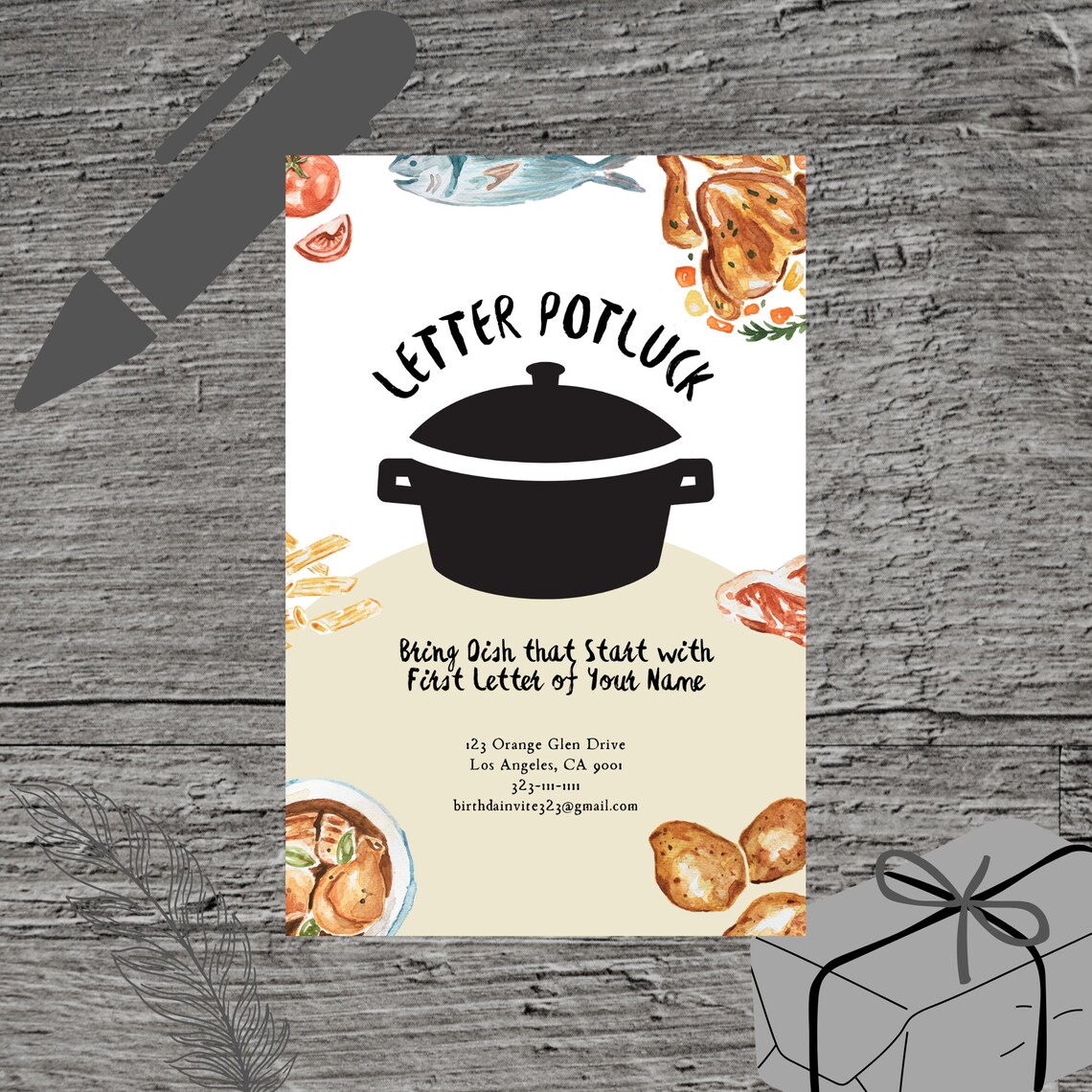 Letter Potluck Theme Birthday Invitation, Dress up in Color, Game Food ...