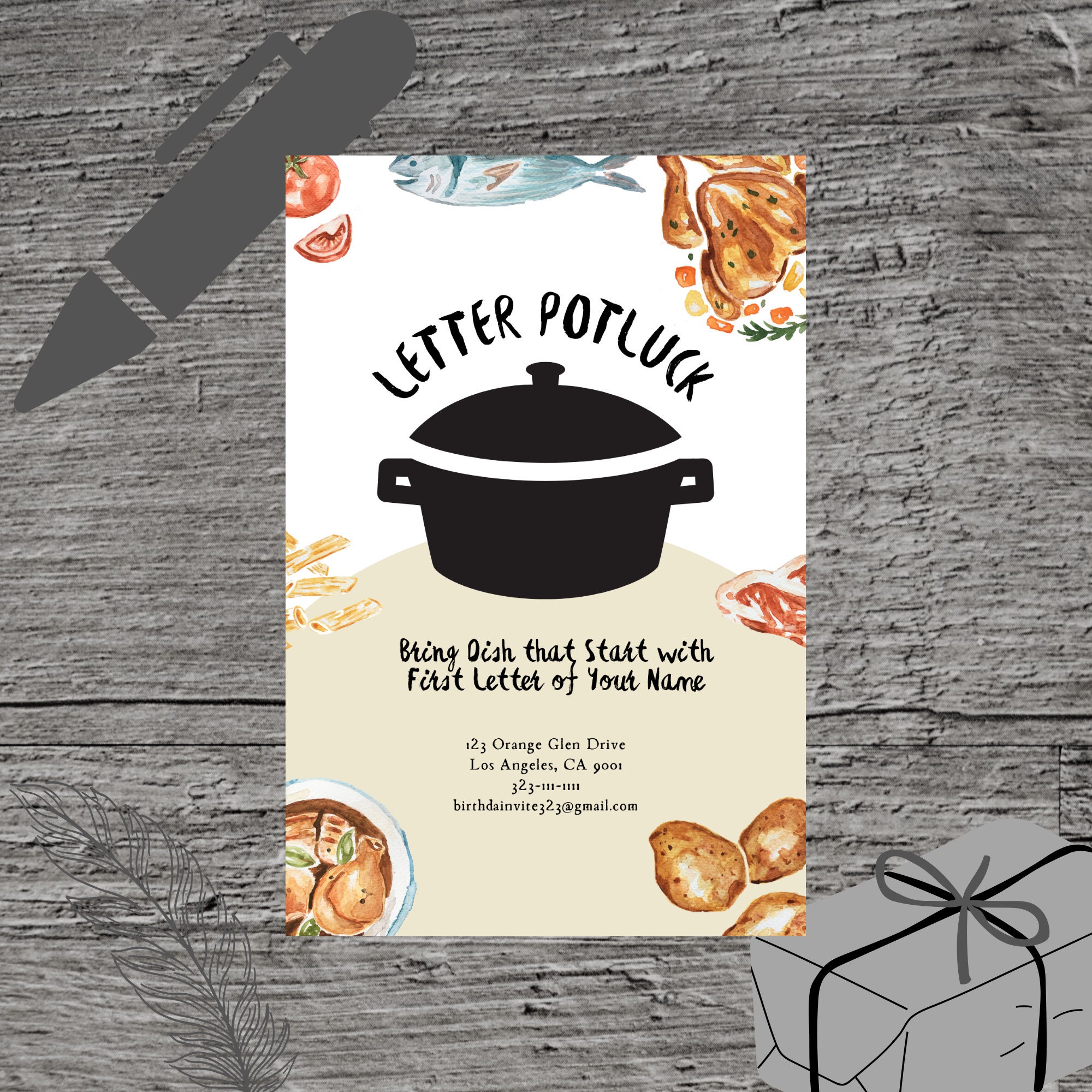 Letter Potluck Theme Birthday Invitation, Dress up in Color, Game Food ...