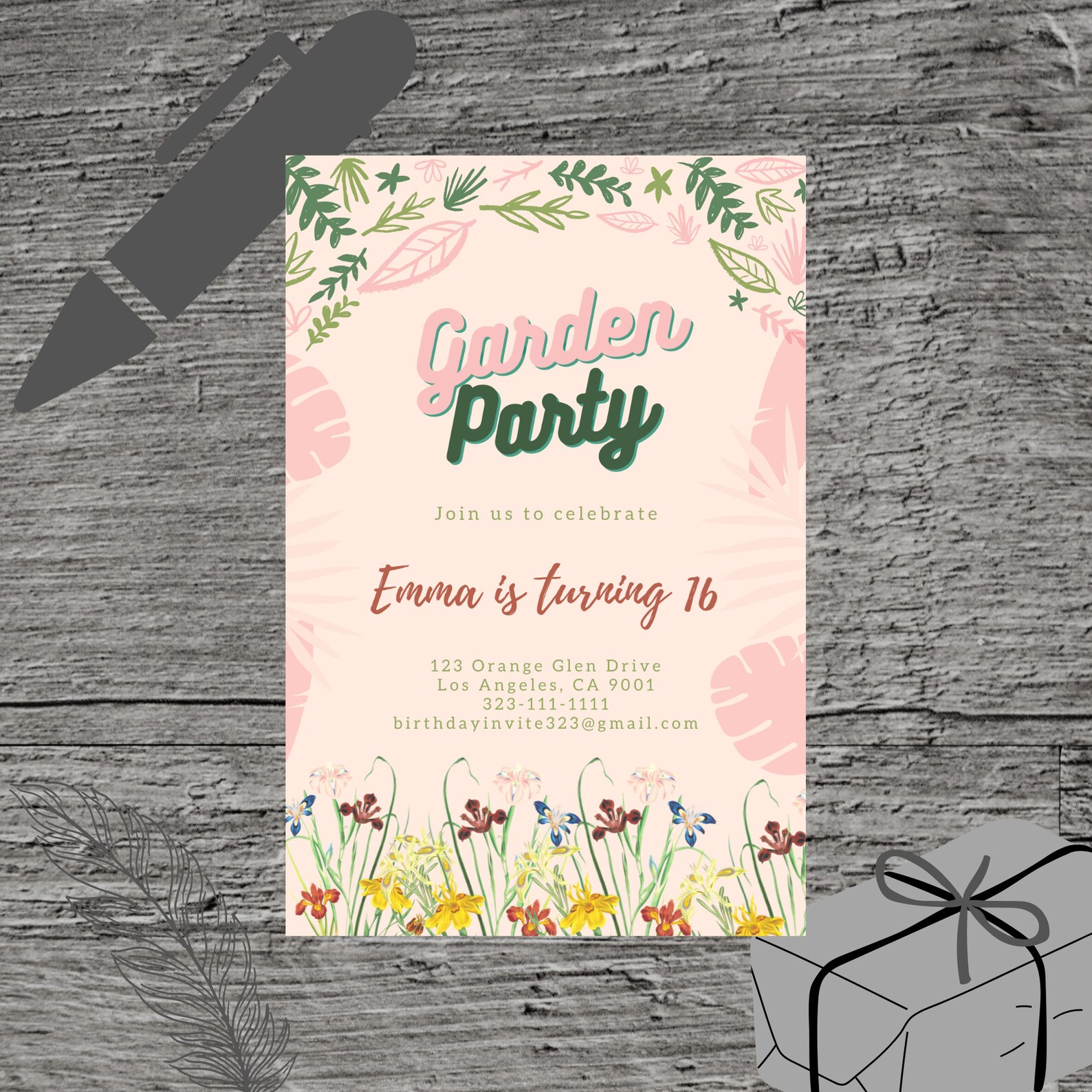 Garden Party Theme Birthday Party Invitation, Flower Plant Landscape ...