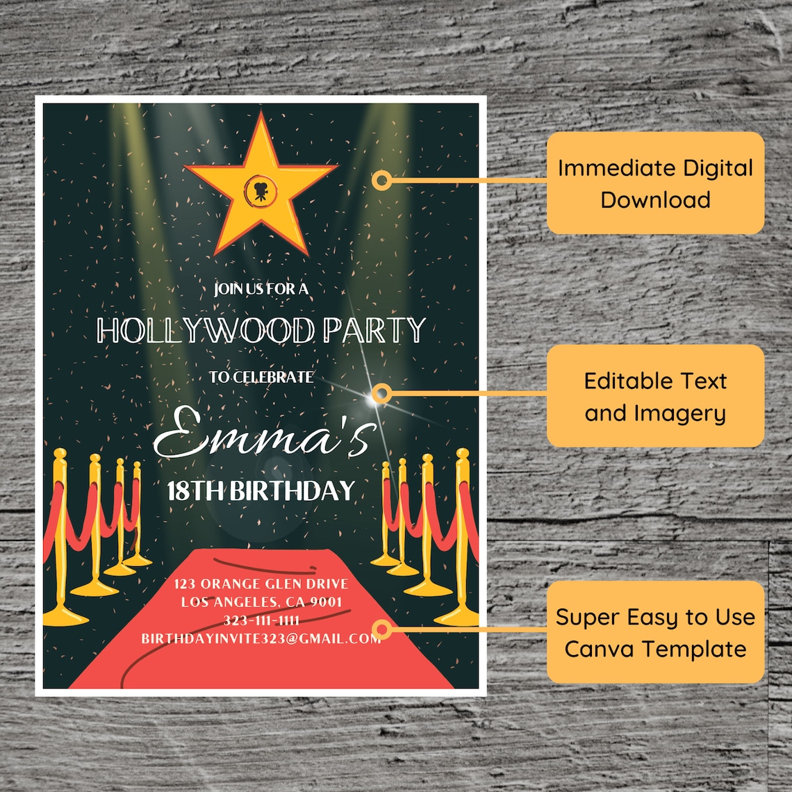 Hollywood Theme Birthday Party Invitation, Superstar Star Celebrity ...