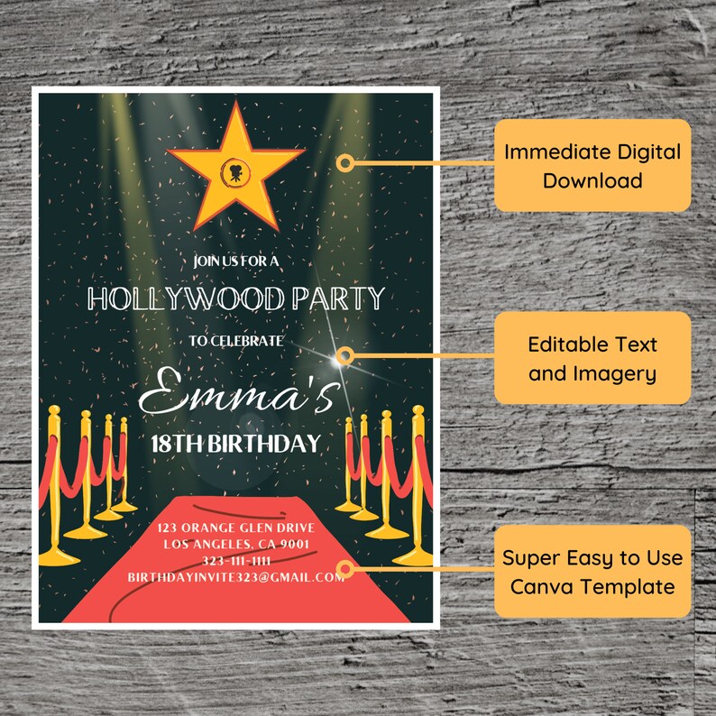 Hollywood Theme Birthday Party Invitation, Superstar Star Celebrity ...