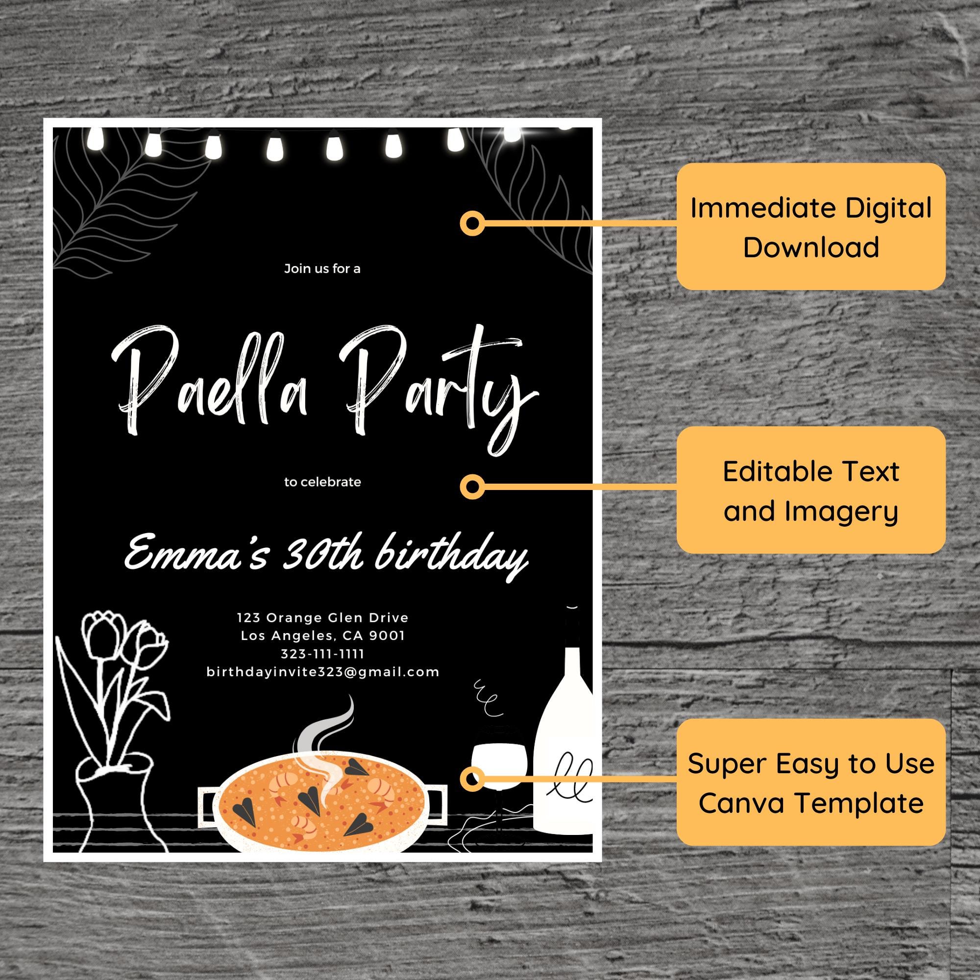 Paella Night for Emma Theme Birthday Party Invitation Template, Risotto ...