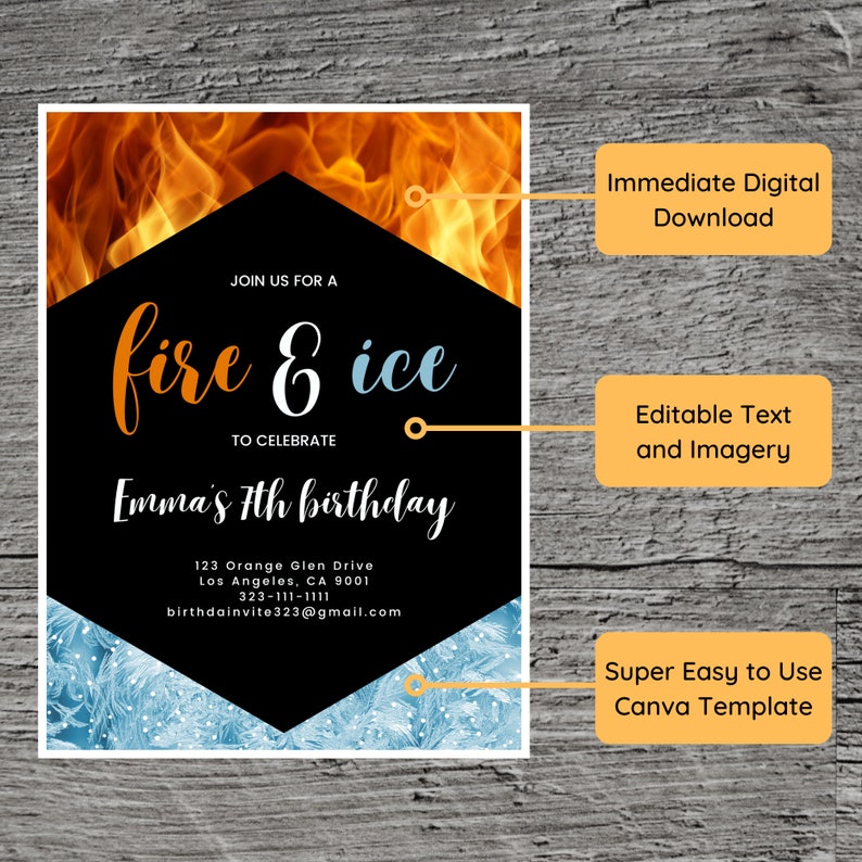 Fire and Ice Theme Birthday Party Invitation Template, Hot Cold Flame ...