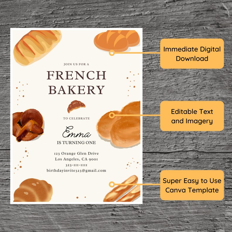 French Bakery for Emma Theme Birthday Party Invitation Template ...