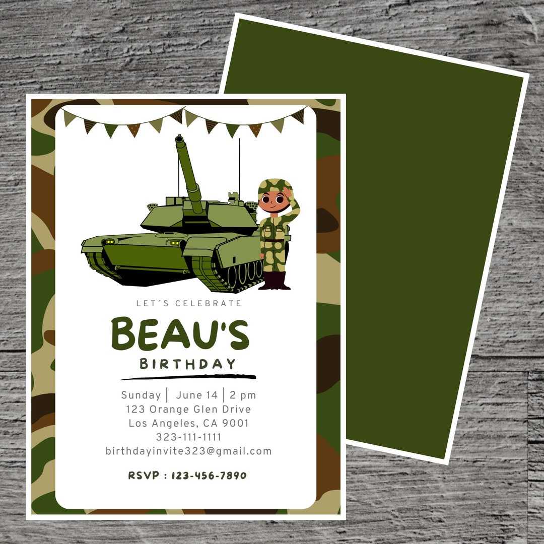 Military Kids Theme Birthday Party Invitation Template, Army Soldiers ...
