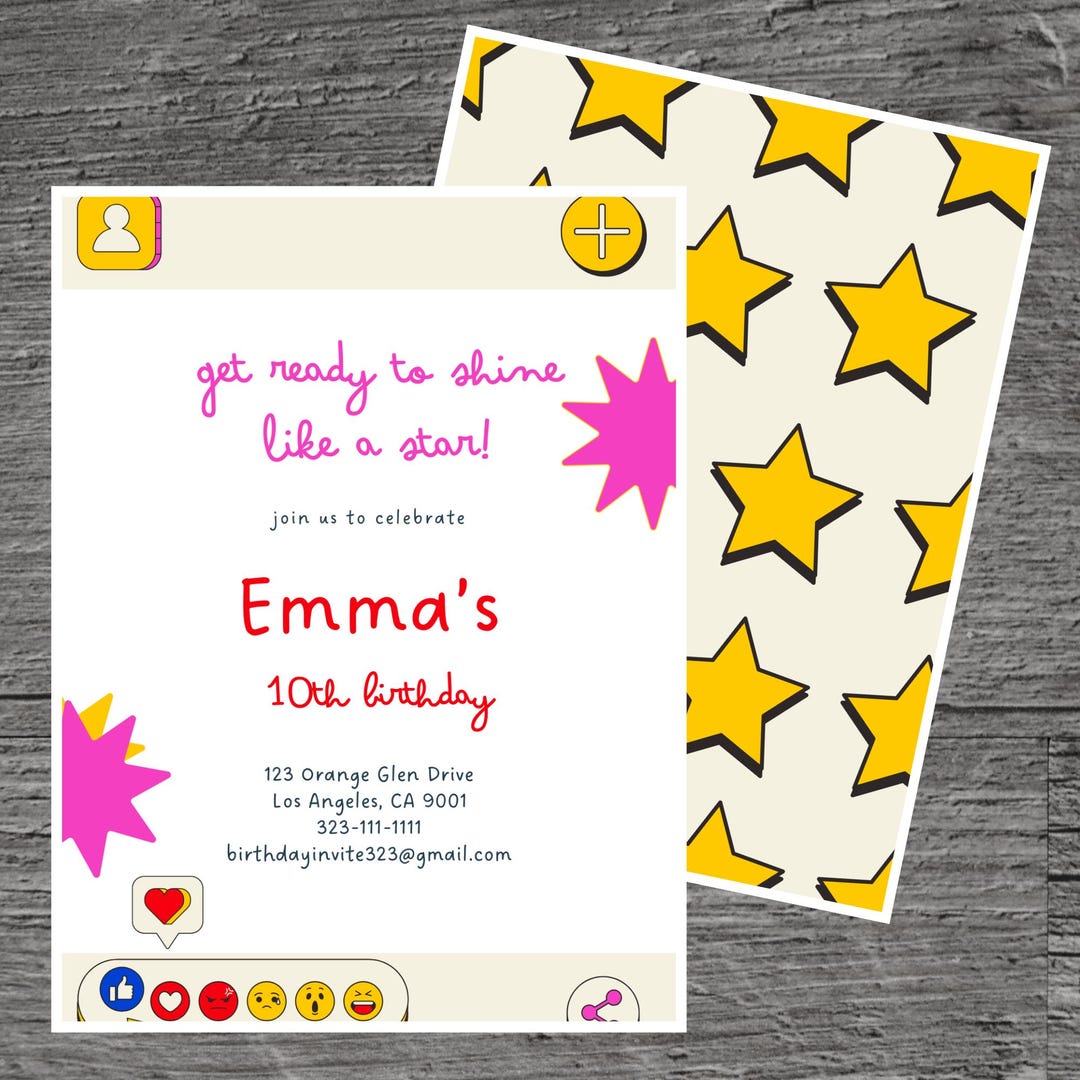 Social Media Star for Emma Theme Birthday Party Invitation Template ...