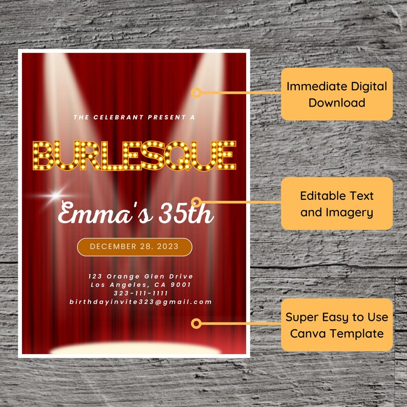 Burlesque Theme Birthday Party Invitation Template, Opera Cabaret Glam ...