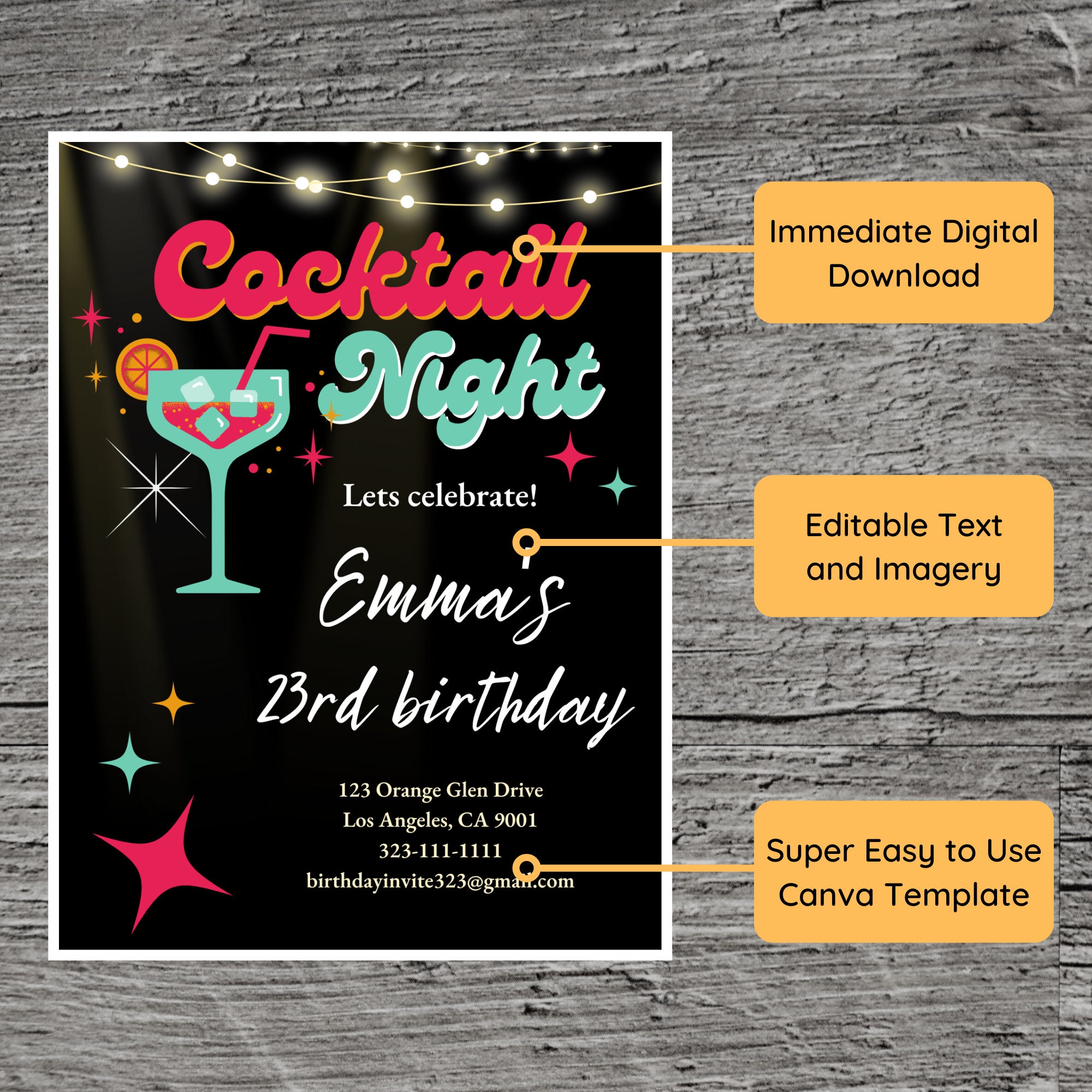 Cocktail Night Theme Birthday Party Invitation, 21st 21 Drink Outing ...