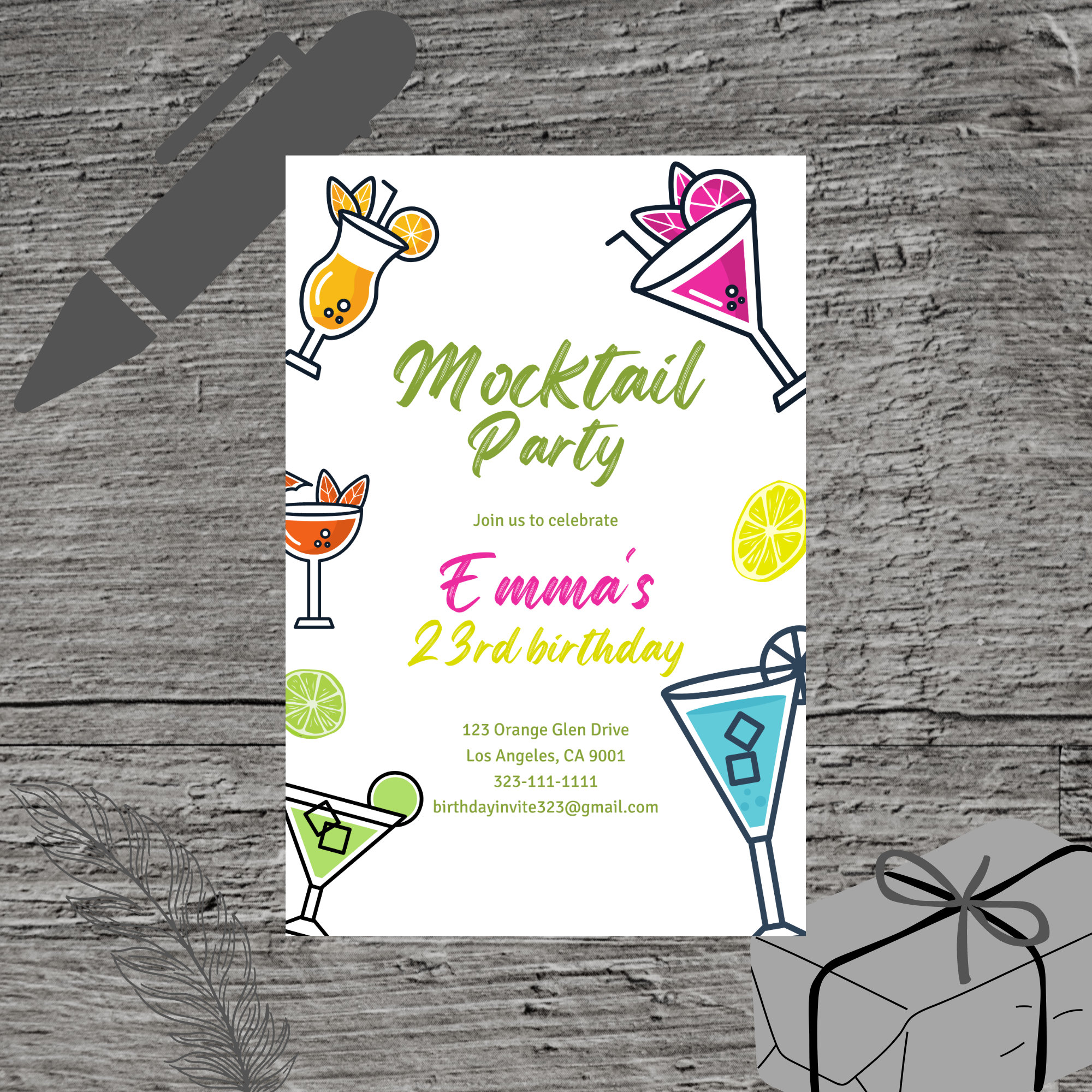 Mocktail Theme Birthday Party Invitation, Boozeless Coolers Freetails ...