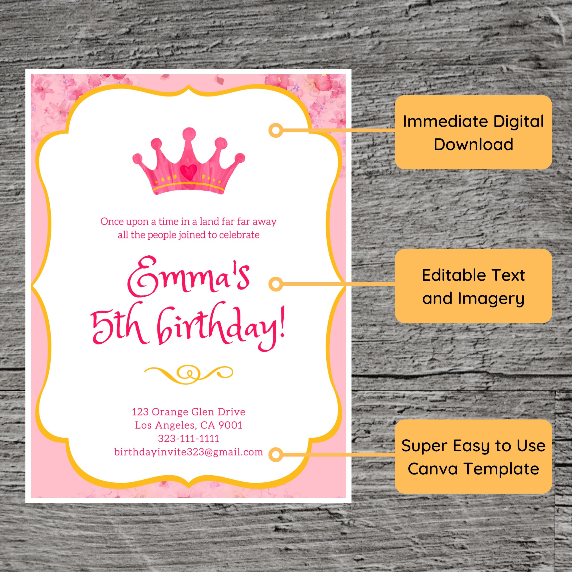 Princess for Emma Theme Birthday Party Invitation, Royal Daughter ...