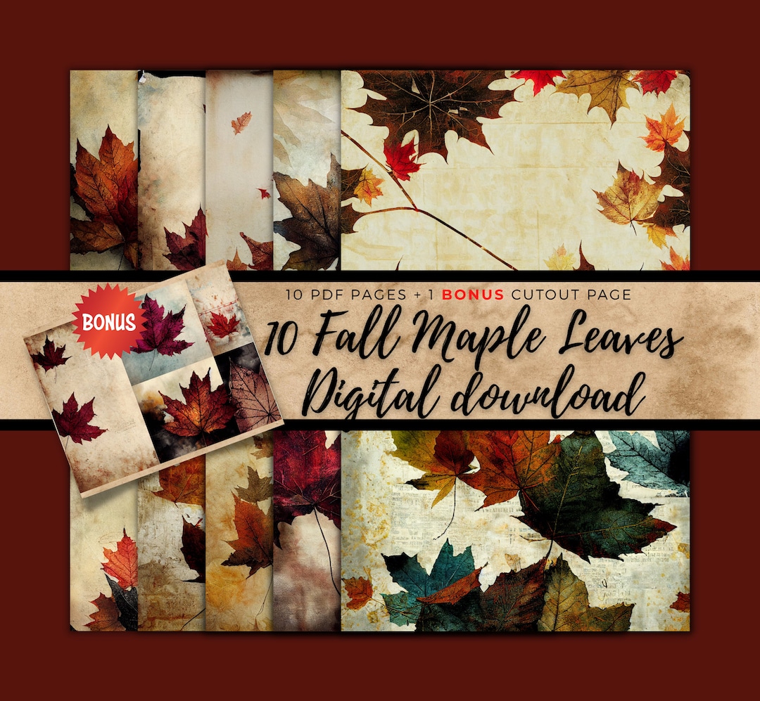 10 Fall Maple Leaf Printable Pages PNG | Junk Journaling | Mixed Media ...