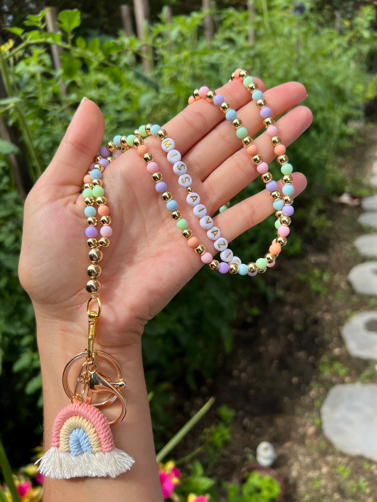 Custom Beaded Lanyard Pastel Rainbow and Gold Beads - Etsy