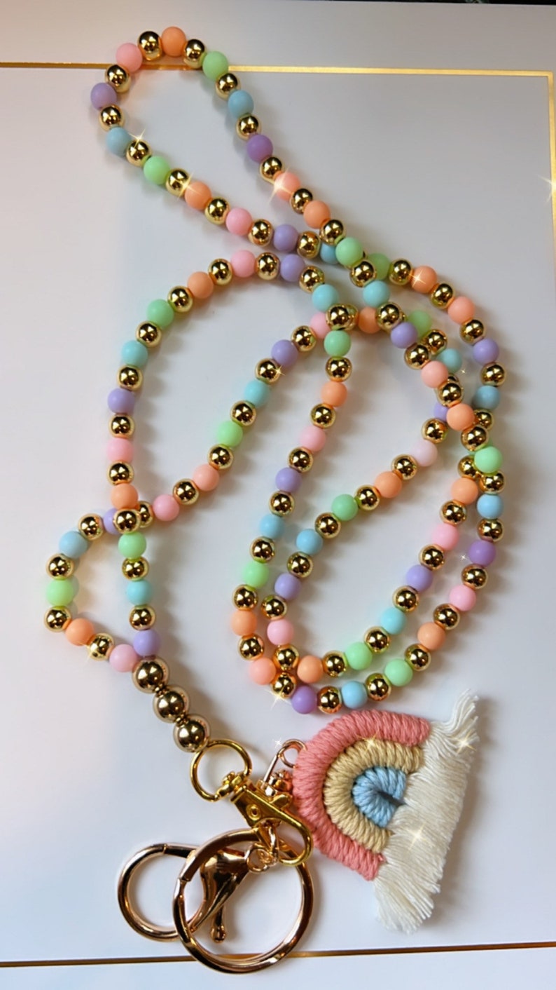 Custom Beaded Lanyard Pastel Rainbow and Gold Beads - Etsy