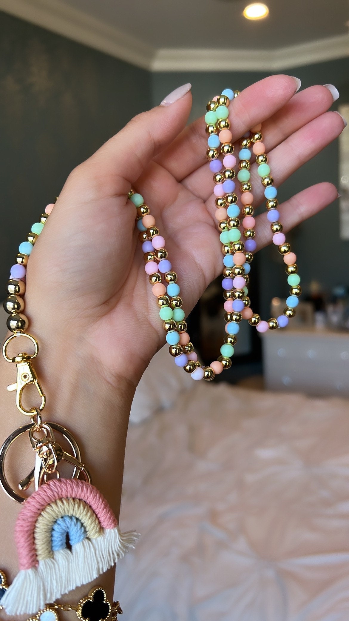Custom Beaded Lanyard Pastel Rainbow and Gold Beads - Etsy