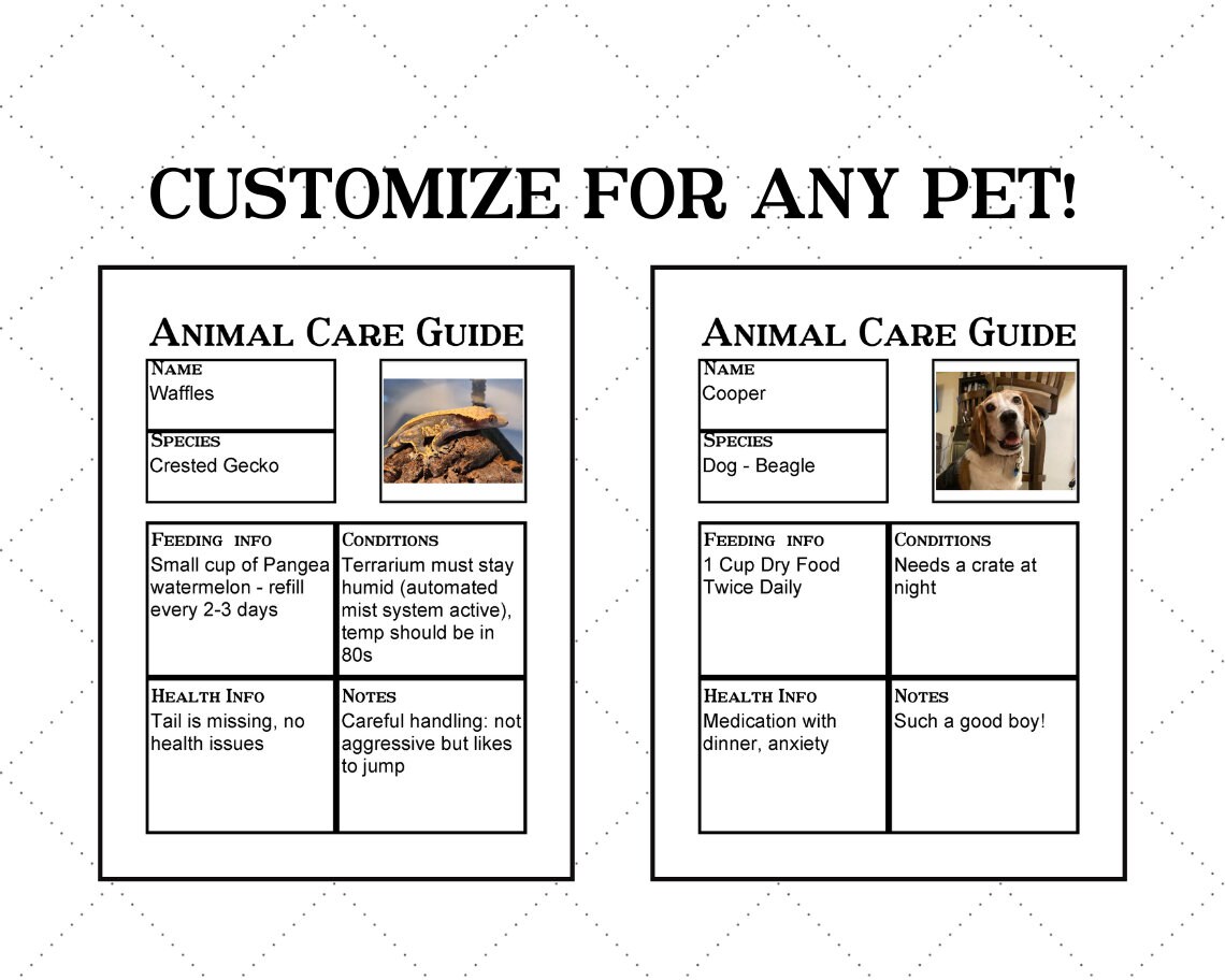 Animal Care Guide - Fillable PDF - Etsy
