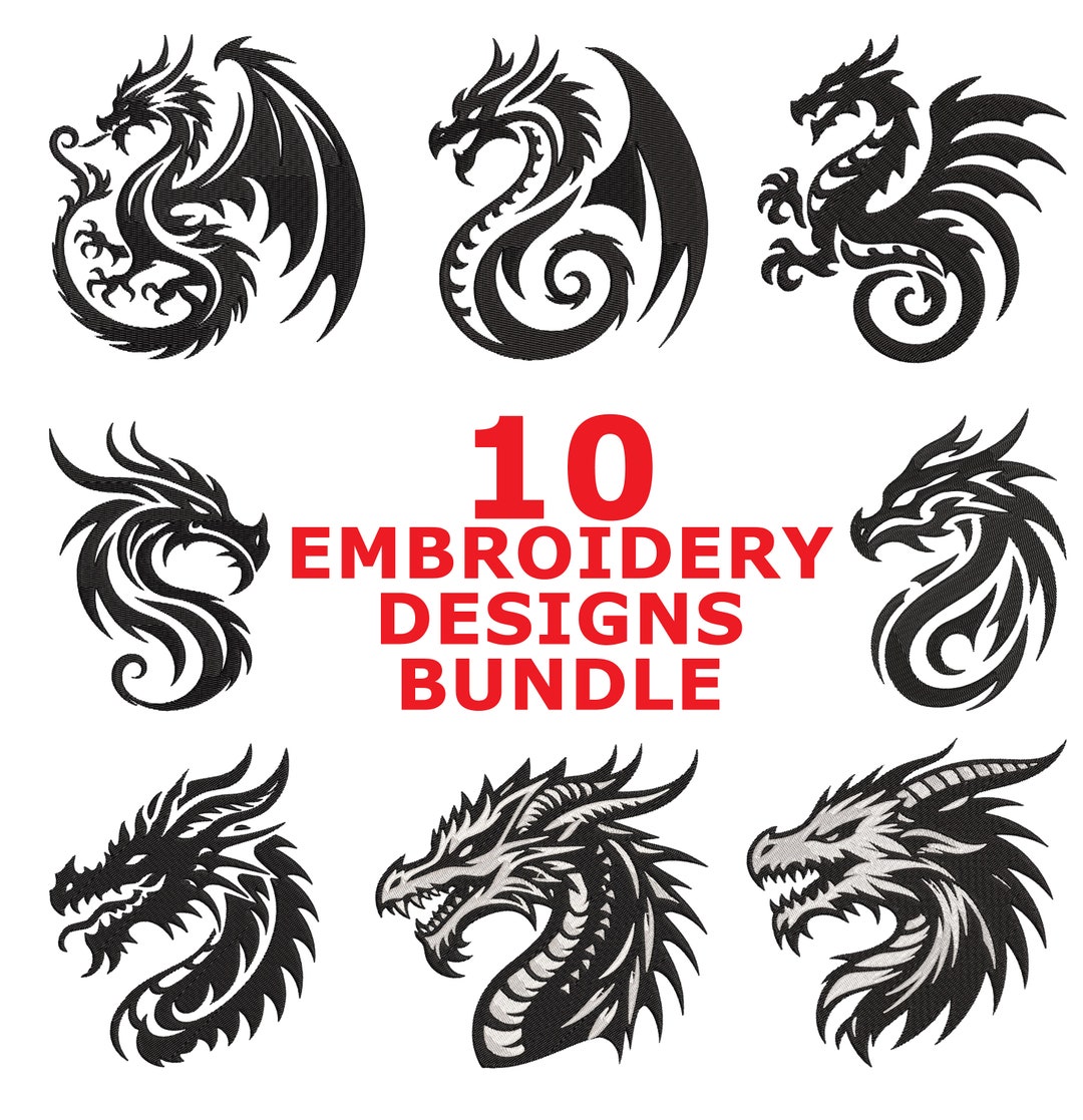 Dragon Embroidery Designs Bundle | Set of 10 Dragons Applique Patterns ...