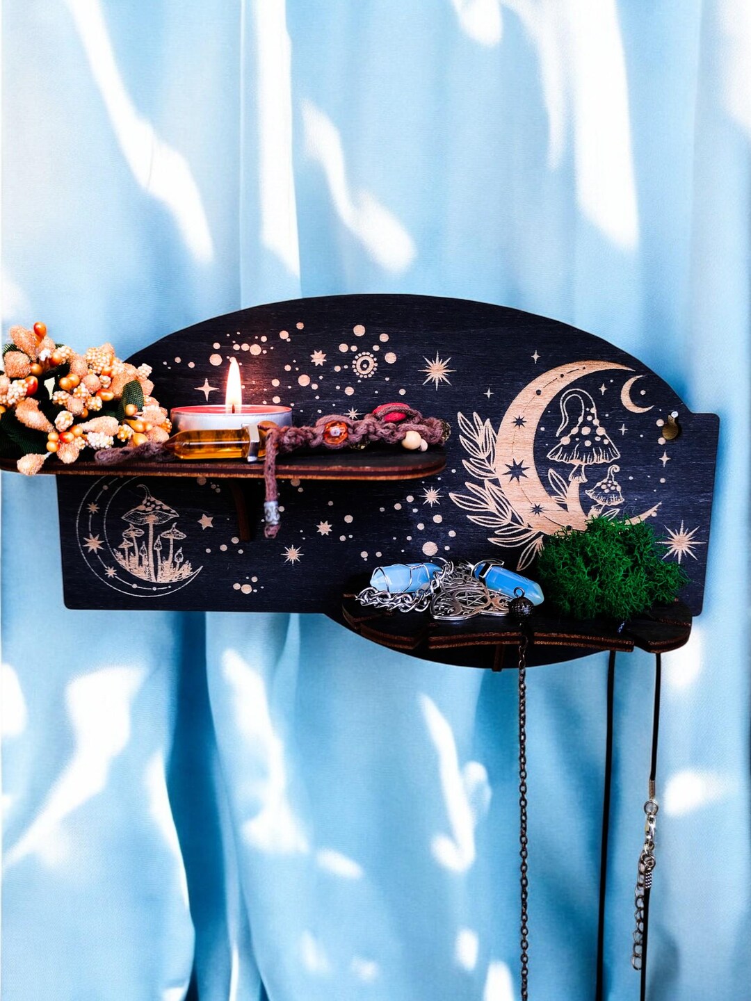 Double Magic Pendulum Shelf With Moon Mushrooms, Wall Crystal Altar ...