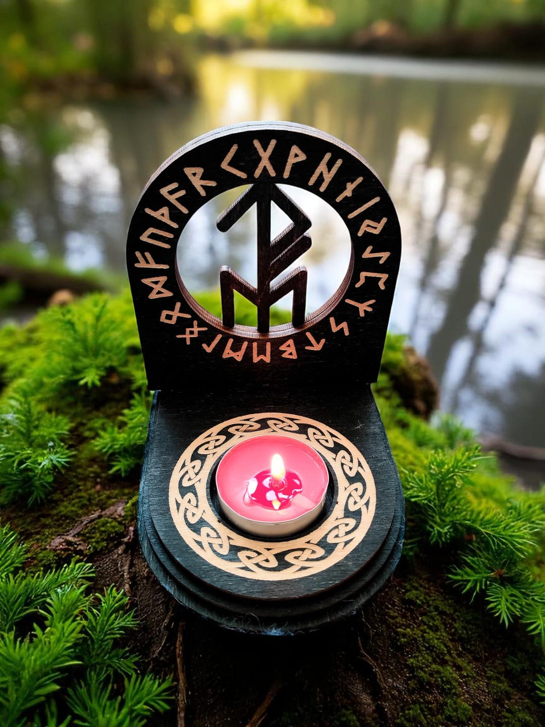 Foldable Wooden Altar With Rune Sigil "luck" — Nordic Candle Holder ...