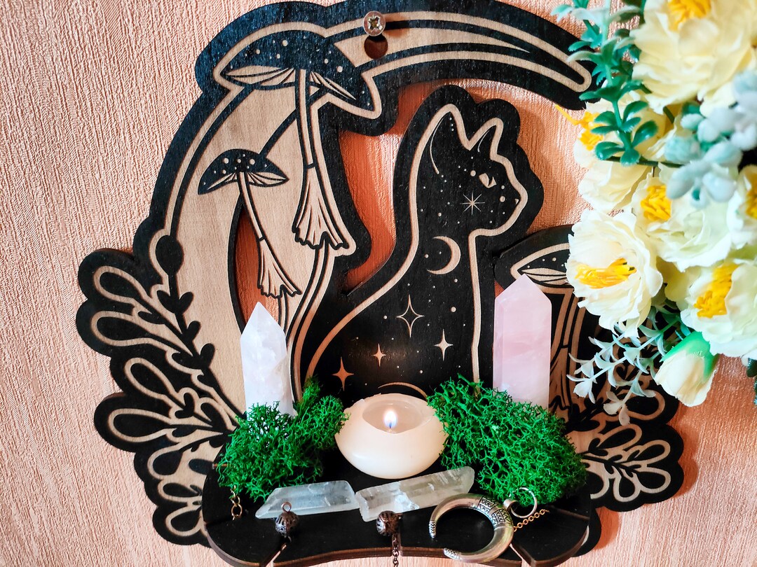 Celestial Magical Cat Pendulum Shelf With Mushrooms, Wall Crystal Altar ...