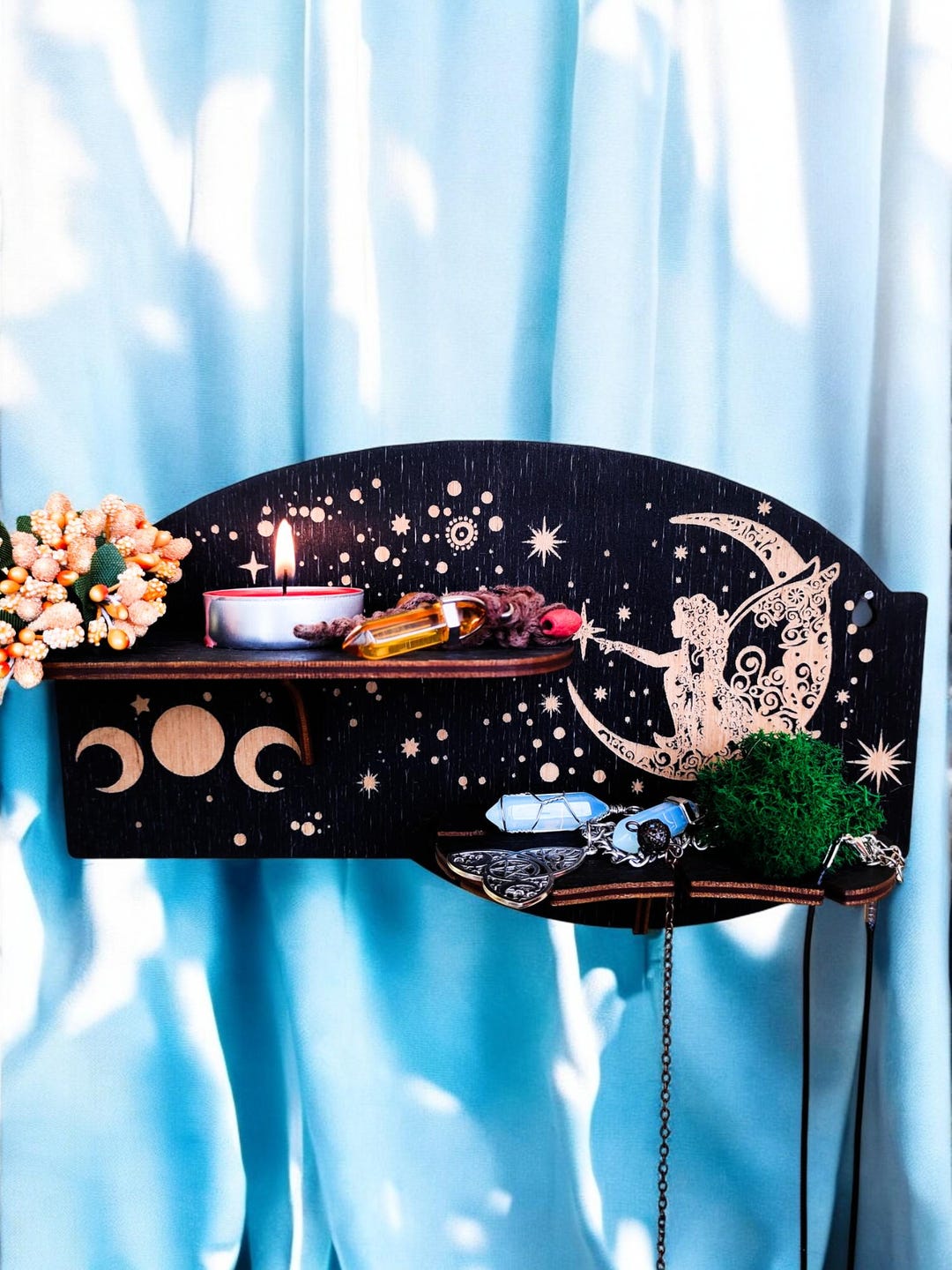 Double Magic Pendulum Shelf With Moon Fairy, Wall Crystal Altar Shelf ...